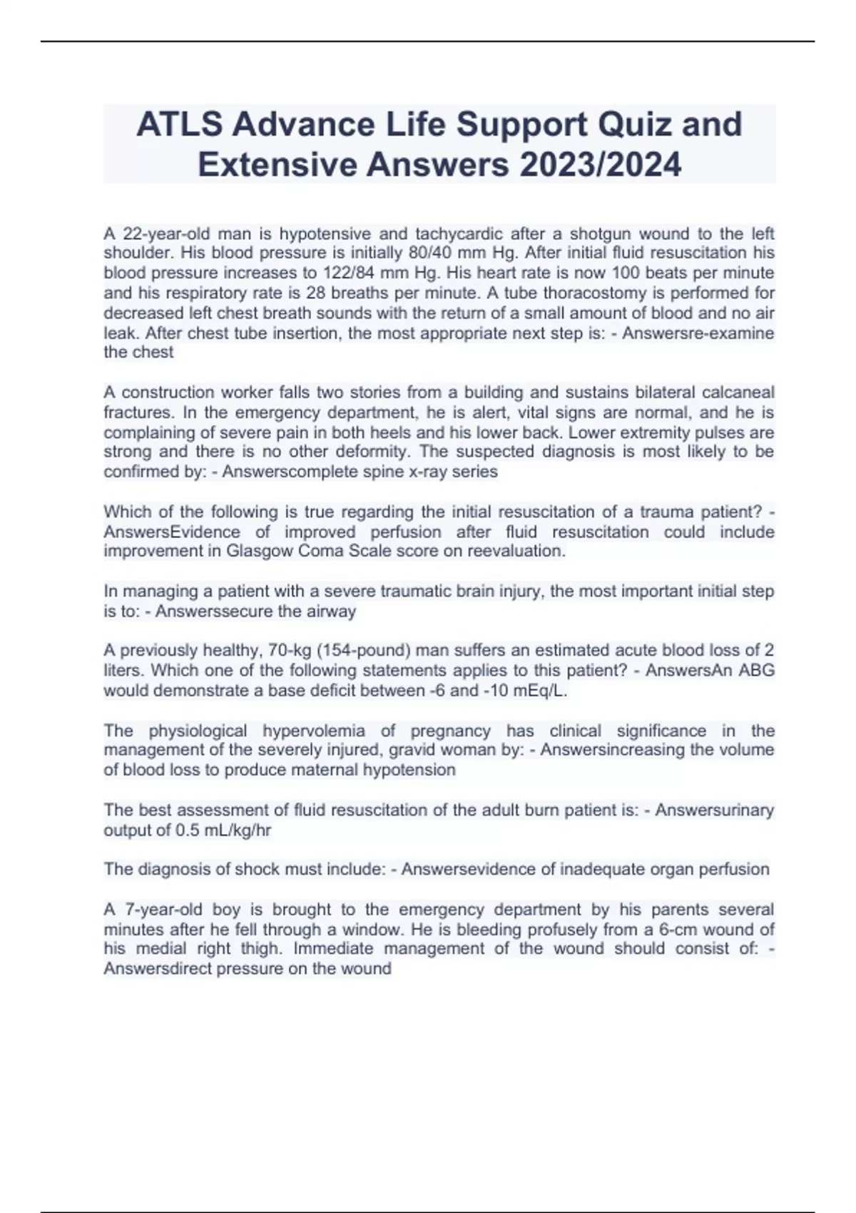 ATLS Advance Life Support Quiz and Extensive Answers 2023/2024 ...