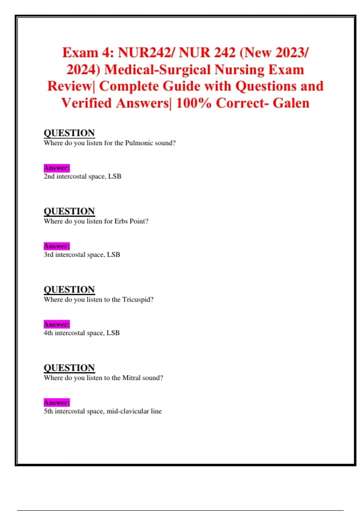 Exam 4: NUR242/ NUR 242 (New 2023/ 2024) Medical-Surgical Nursing Exam ...