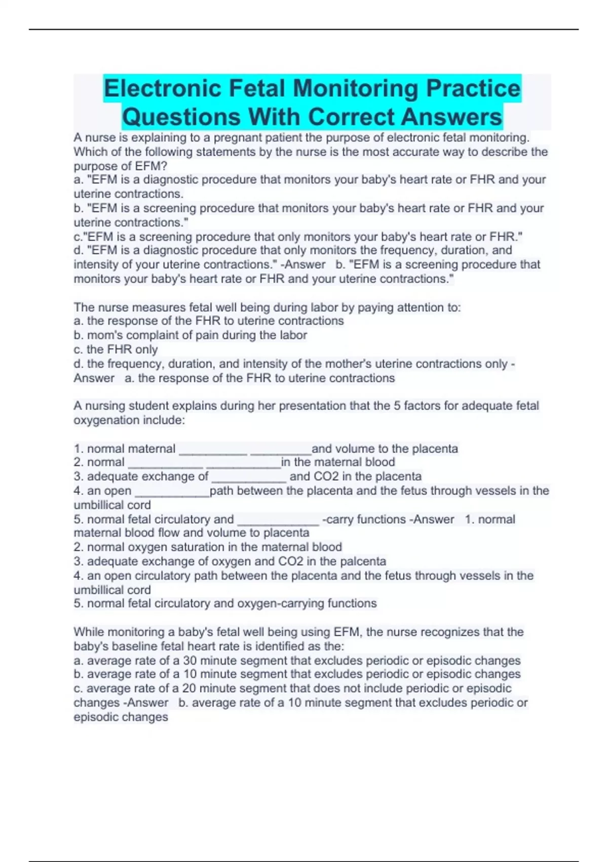 Electronic Fetal Monitoring Practice Questions With Correct Answers ...