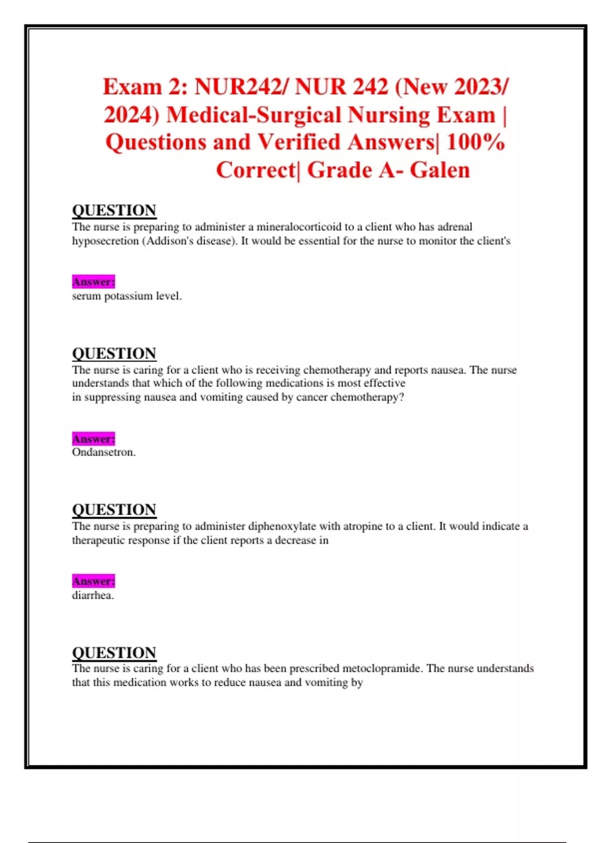 Exam 2: NUR242/ NUR 242 (New 2023/ 2024 Updates BUNDLED TOGETHER WITH ...