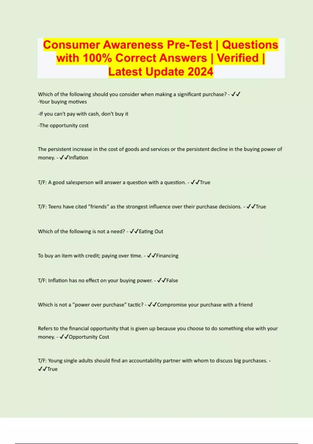 Consumer Awareness Pre-Test | Questions with 100% Correct Answers ...