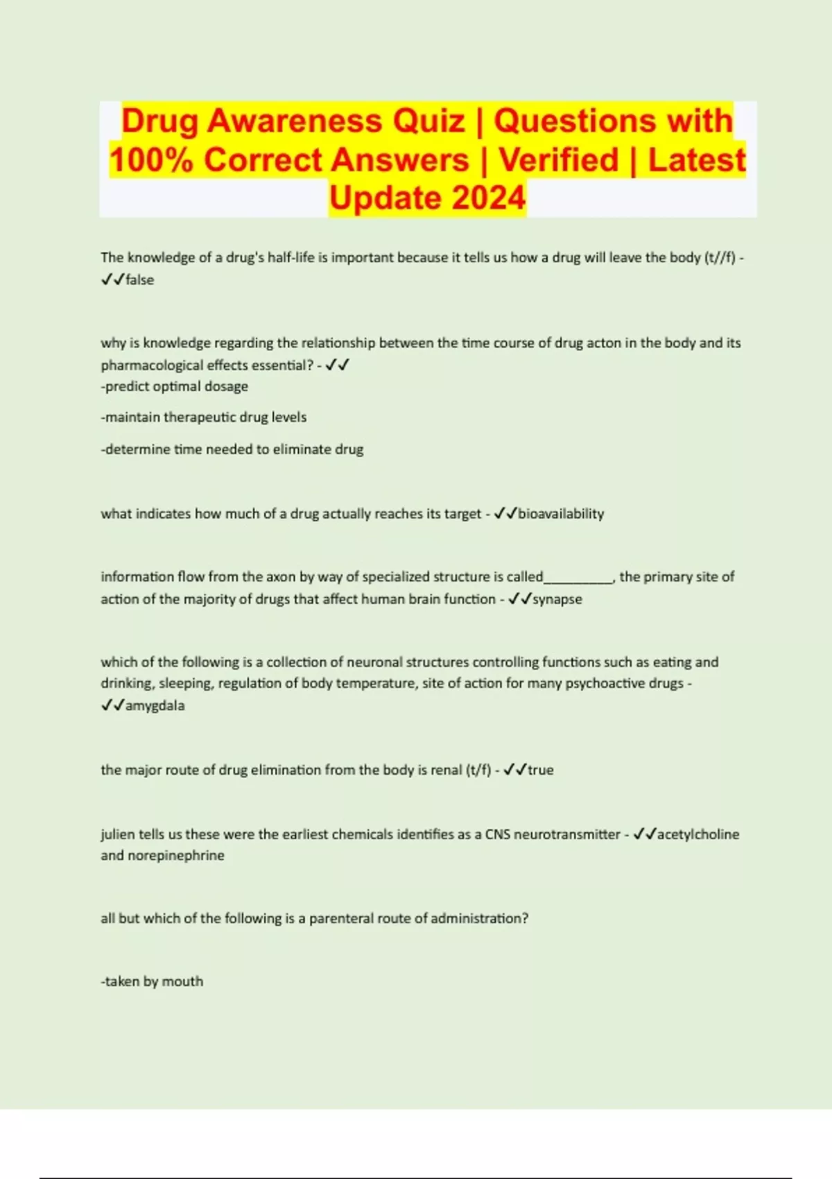 Drug Awareness Quiz | Questions with 100% Correct Answers | Verified ...