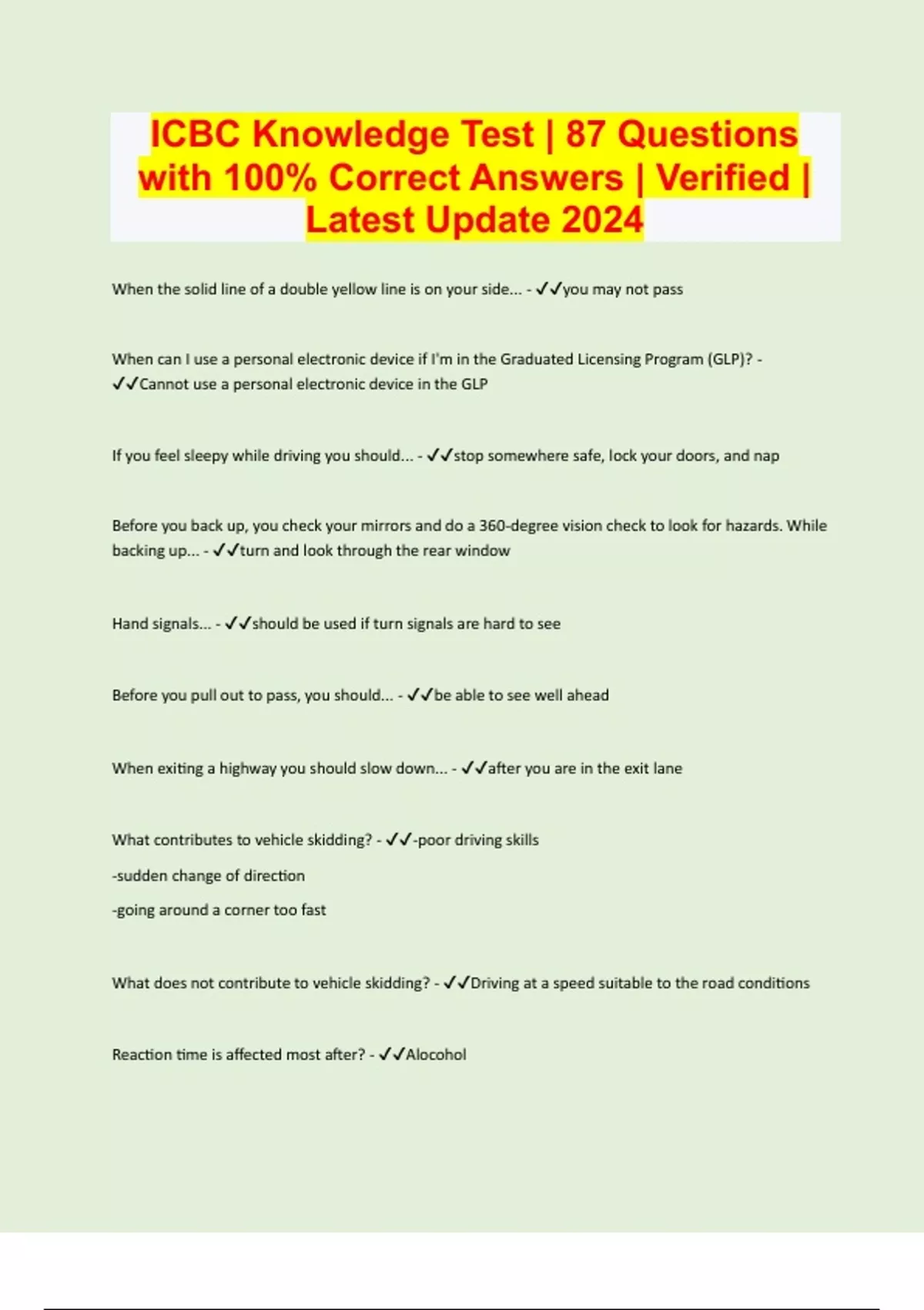 ICBC Knowledge Test | 87 Questions with 100% Correct Answers | Verified ...