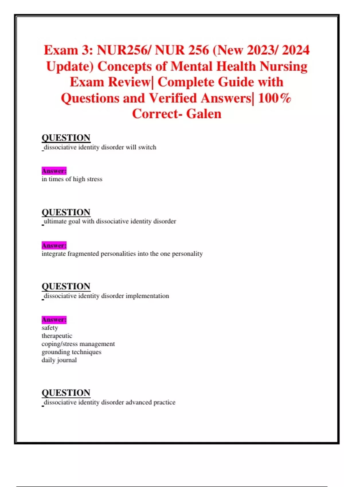 Exam 3: NUR256/ NUR 256 (New 2023/ 2024 Update) Concepts of Mental ...