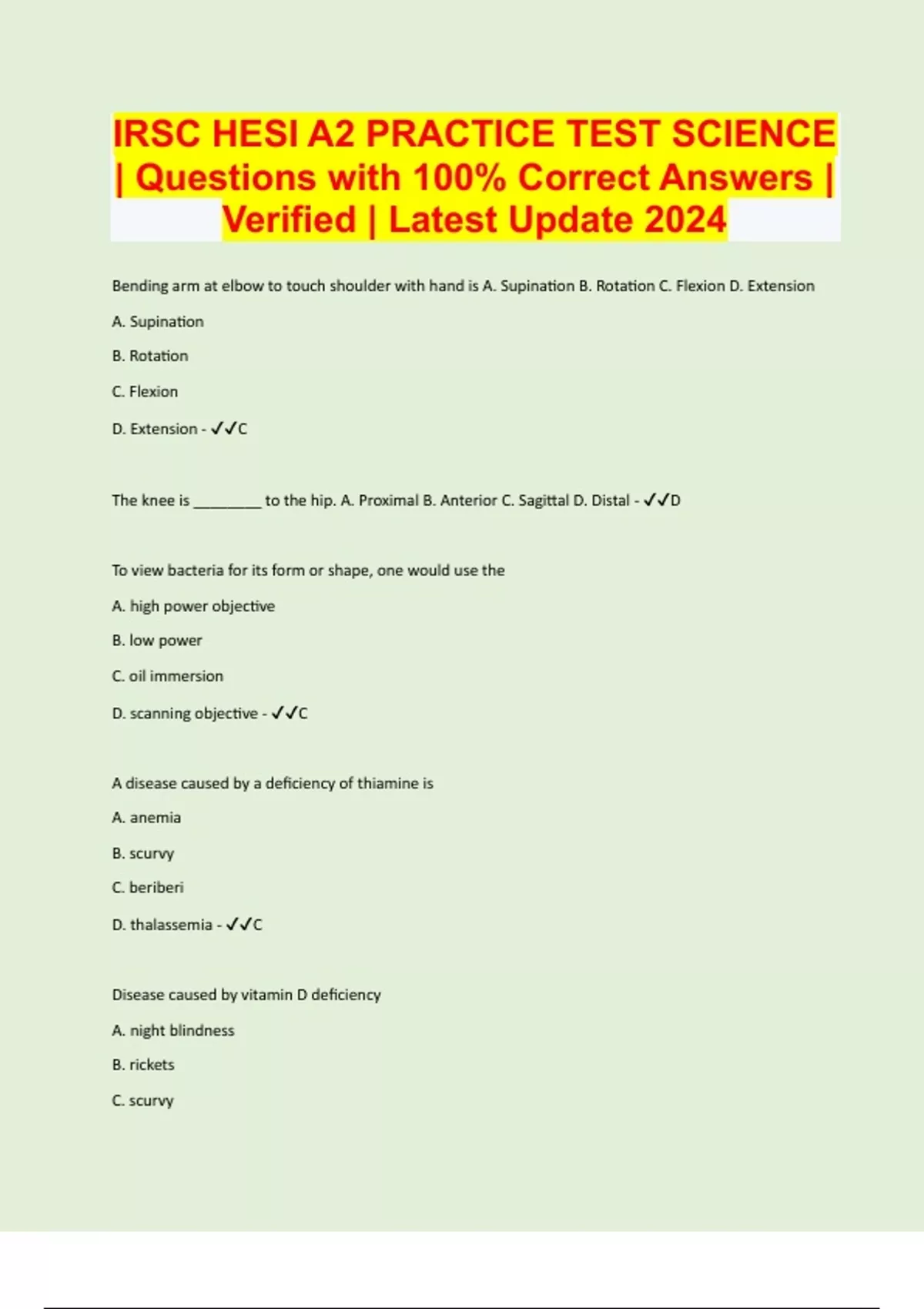 IRSC HESI A2 PRACTICE TEST SCIENCE | Questions with 100% Correct ...