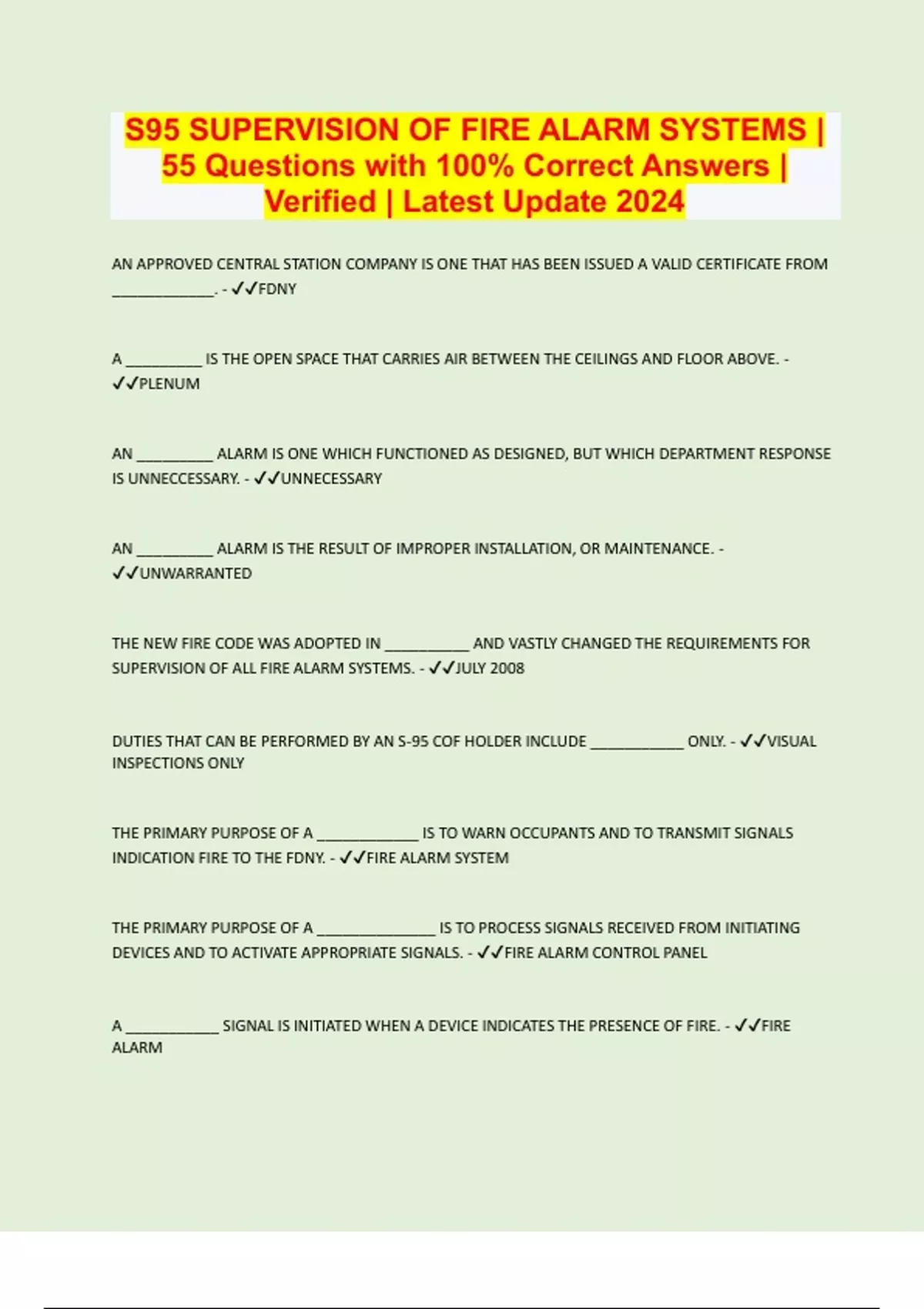 S95 SUPERVISION OF FIRE ALARM SYSTEMS | 55 Questions with 100% Correct ...