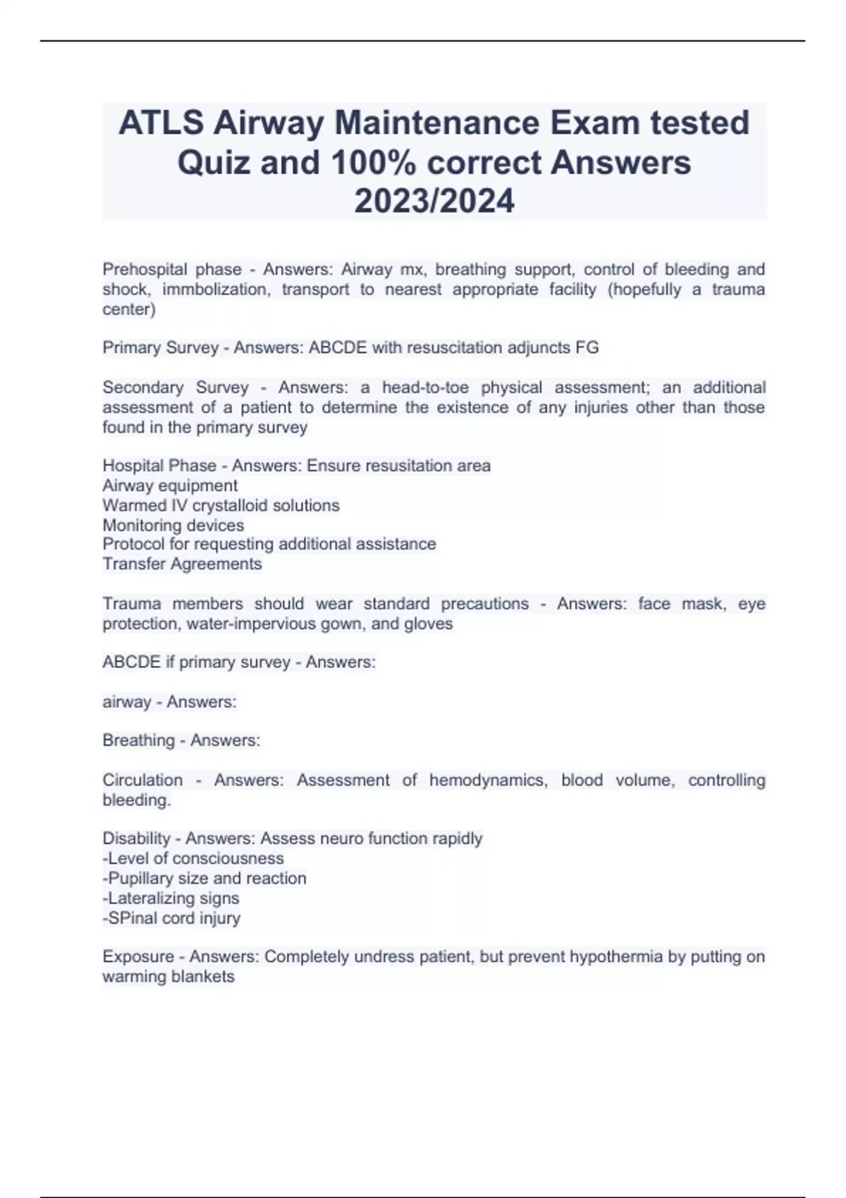 ATLS Airway Maintenance Exam tested Quiz and 100% correct Answers 2023/ ...