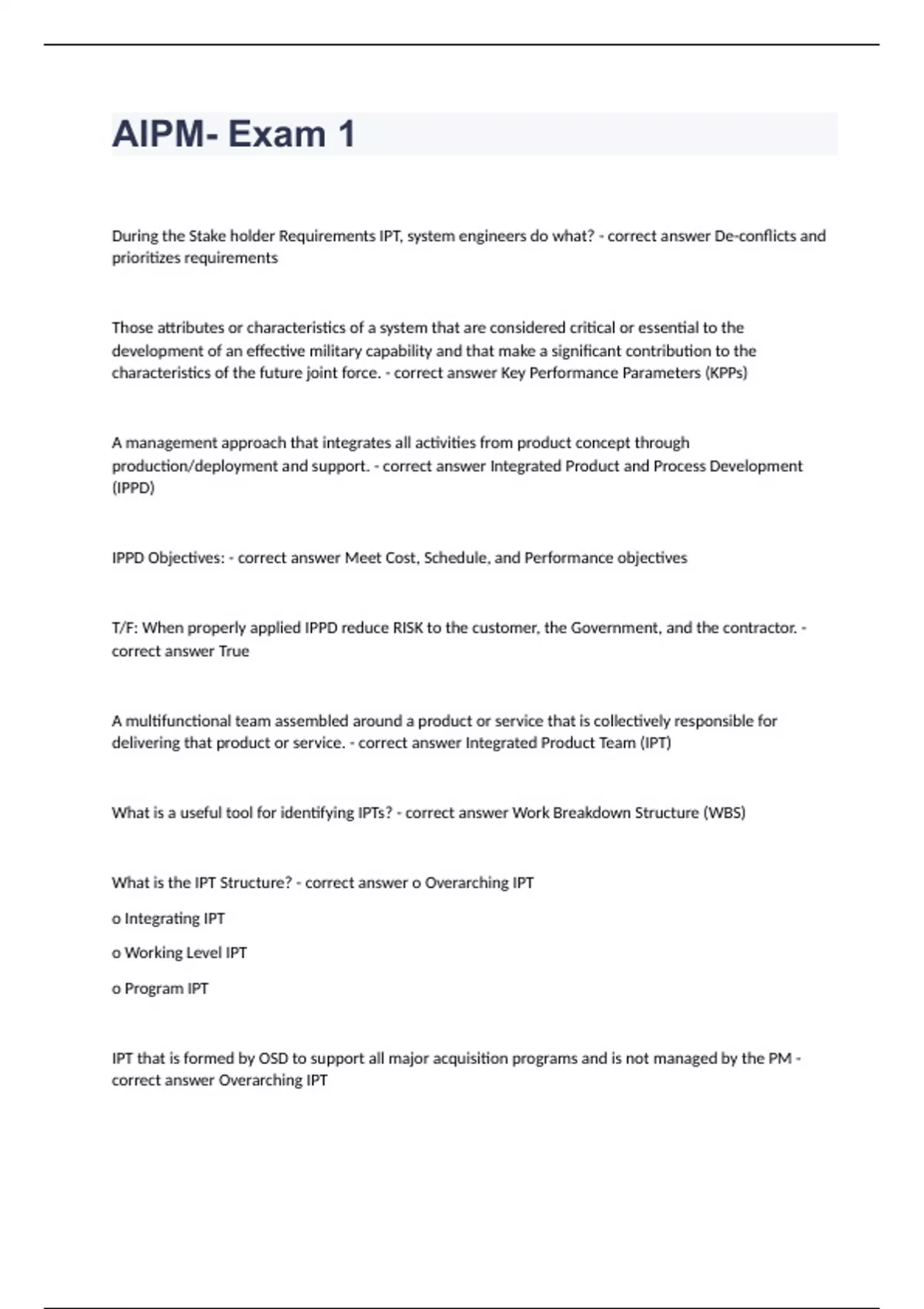 AIPM- Exam 1 Question and answers correctly solved 2023/2024 - AIPM - Stuvia US