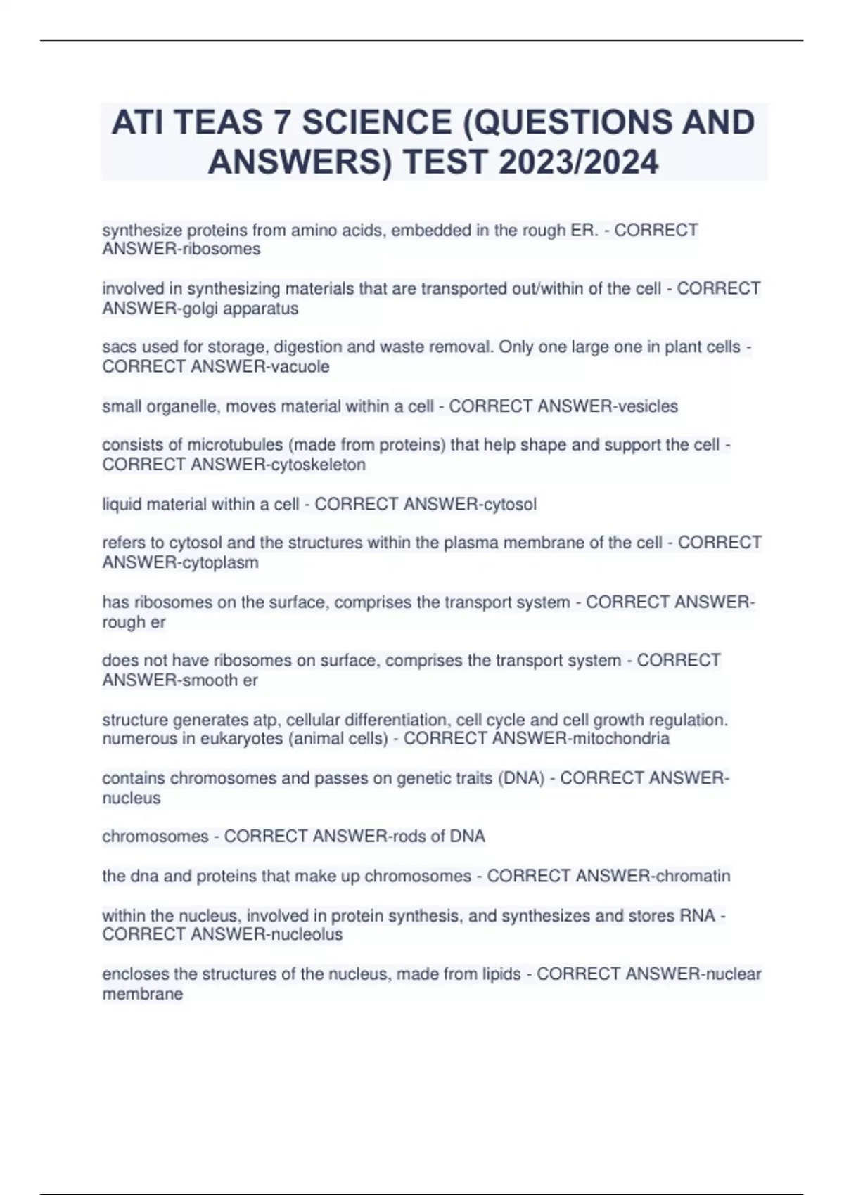 ATI TEAS 7 SCIENCE (QUESTIONS AND ANSWERS) TEST 2023/2024 - ATI TEAS ...