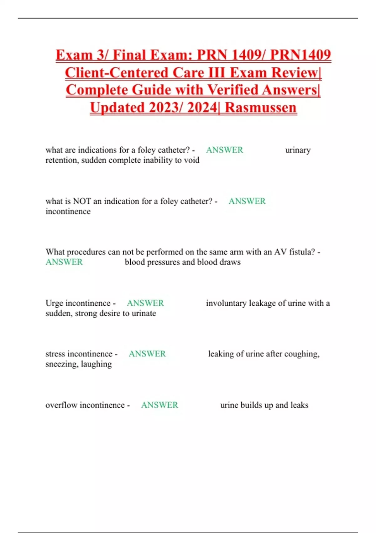 Final Exam (3 Versions): PRN 1409/ PRN1409 Client-Centered Care III Exam Review| Complete Guide ...