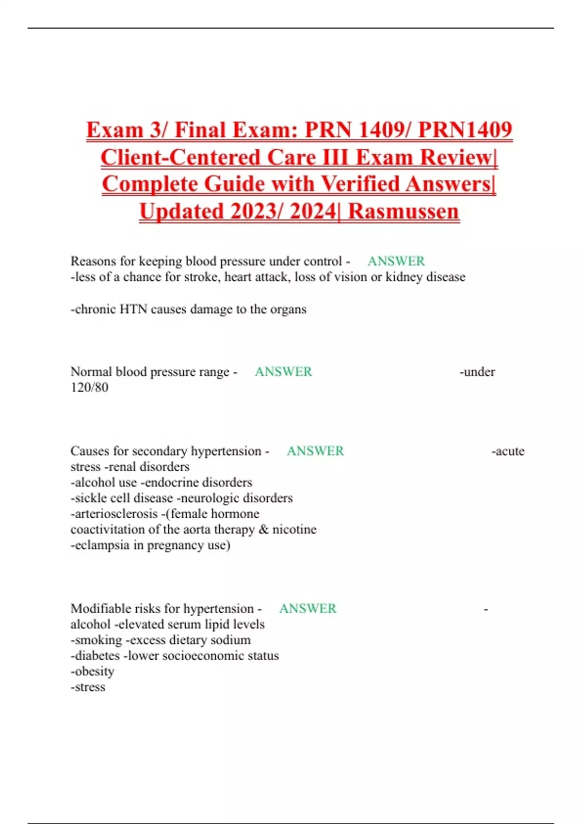Exam 3/ Final Exam: PRN 1409/ PRN1409 Client-Centered Care III Exam Review| Complete Guide with ...