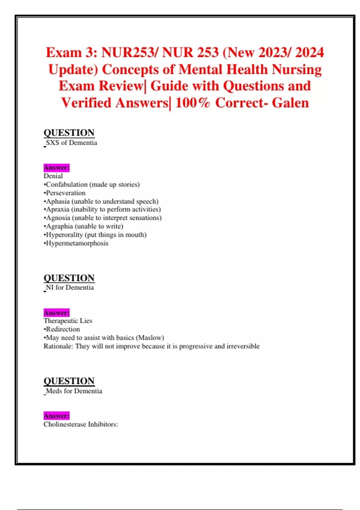 Exam 3: NUR253/ NUR 253 (New 2023/ 2024 Update) Concepts of Mental ...