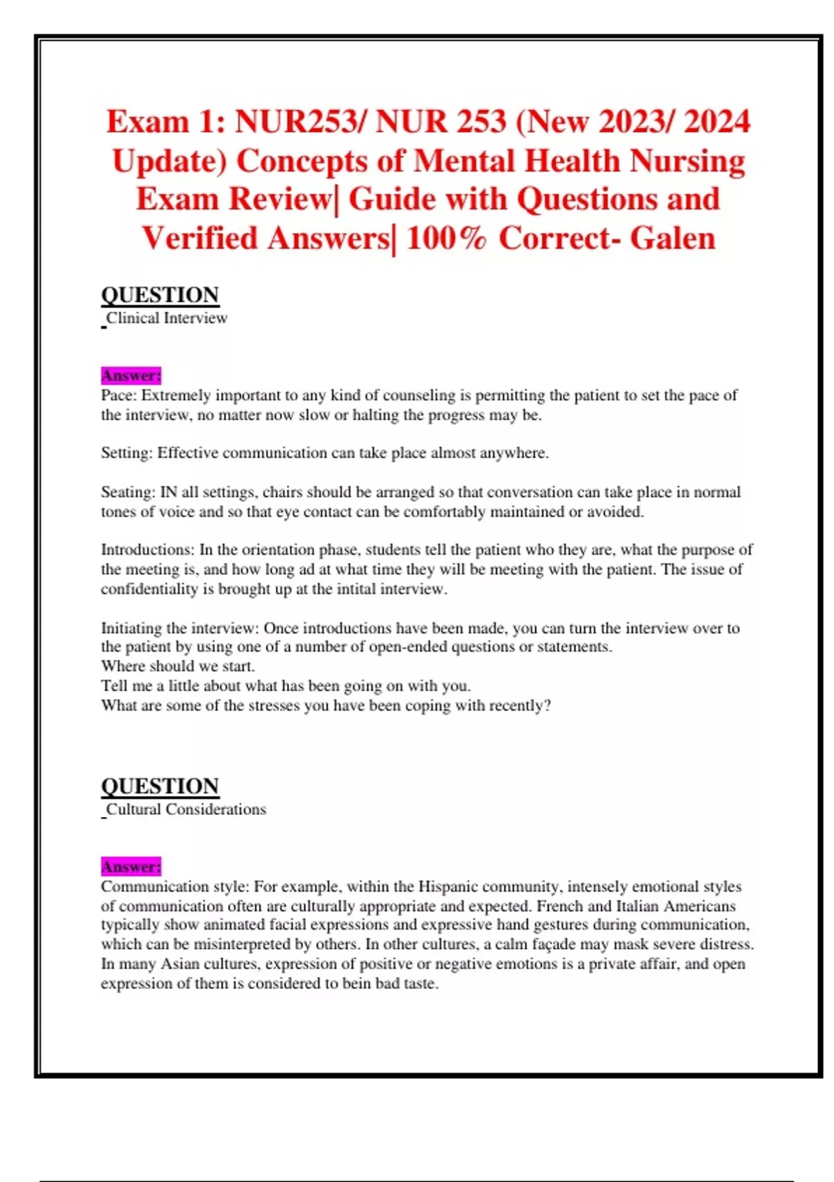 Exam 1: NUR253/ NUR 253 (New 2023/ 2024 Update) Concepts of Mental ...