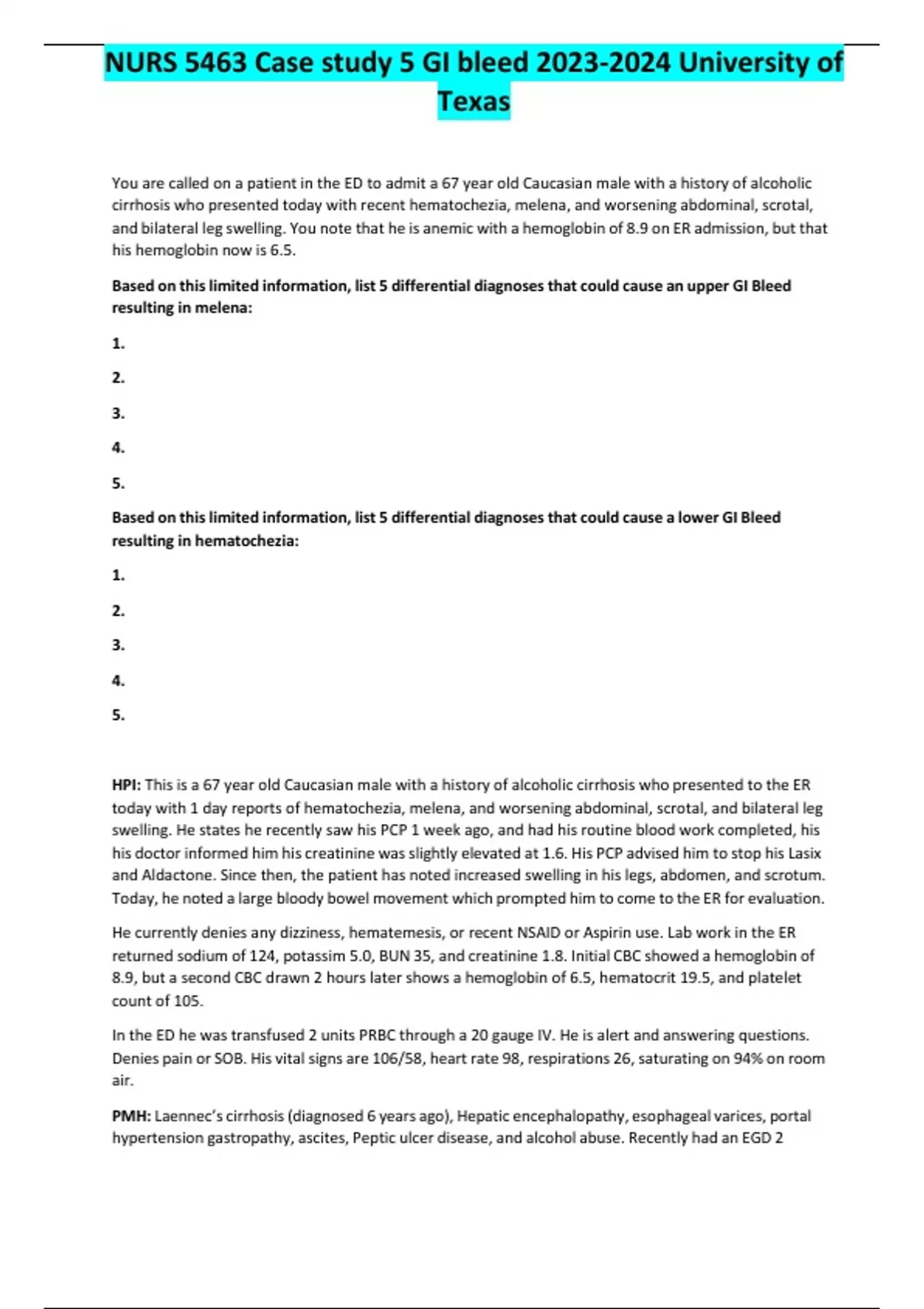 NURS 5463 Case study 5 GI bleed University of Texas - Stuvia US