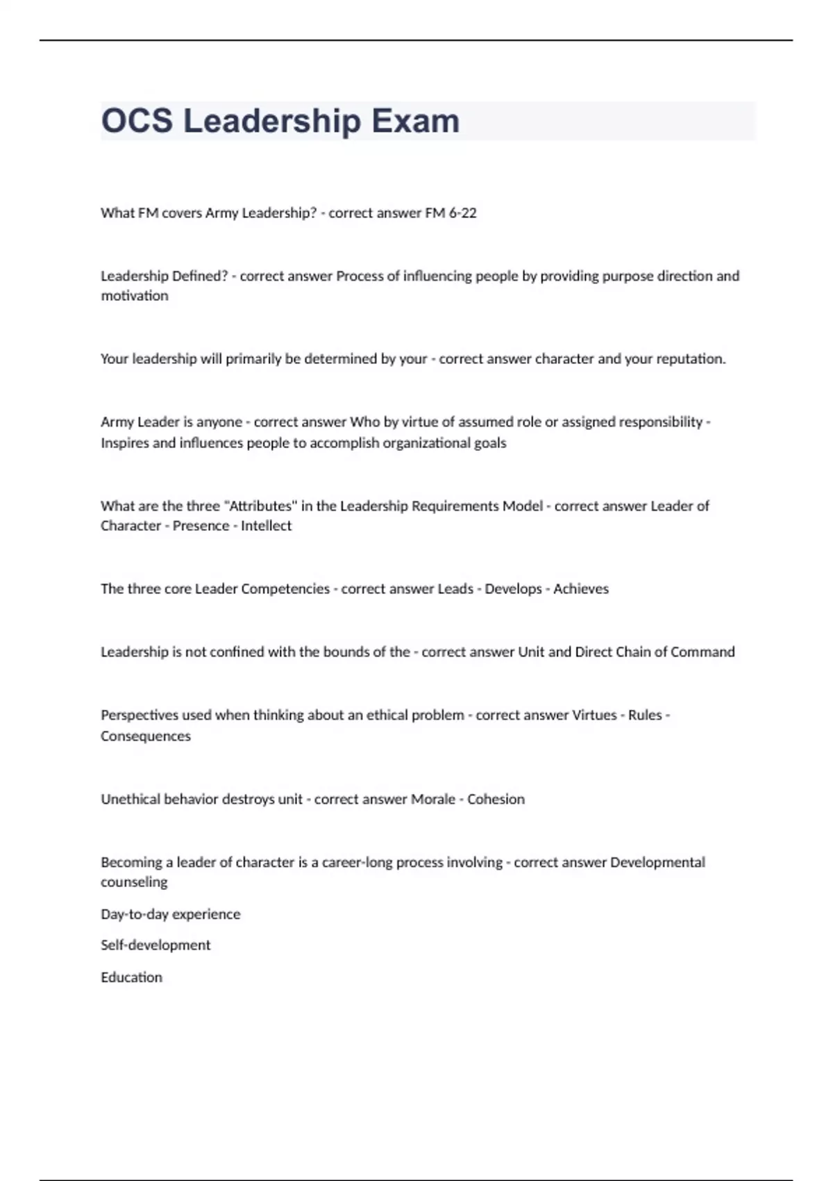 OCS Leadership Exam Question and answers 100% correct 2023/2024 - ARMY ...