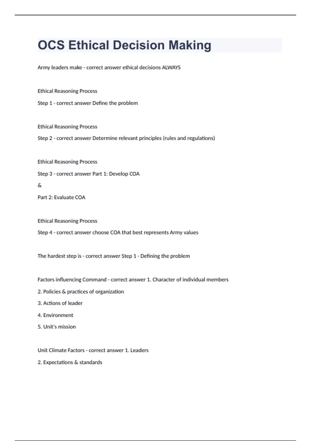 OCS Ethical Decision Making Question and answers 100% correct 2023/2024 ...