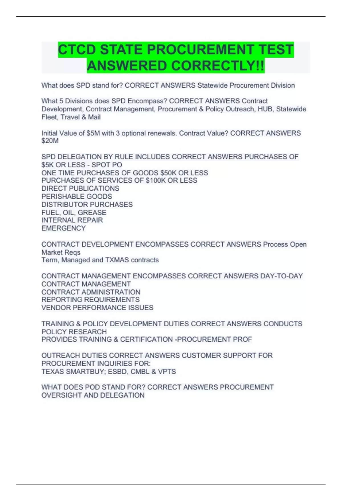 CTCD STATE PROCUREMENT TEST ANSWERED CORRECTLY!! - Certified Texas ...