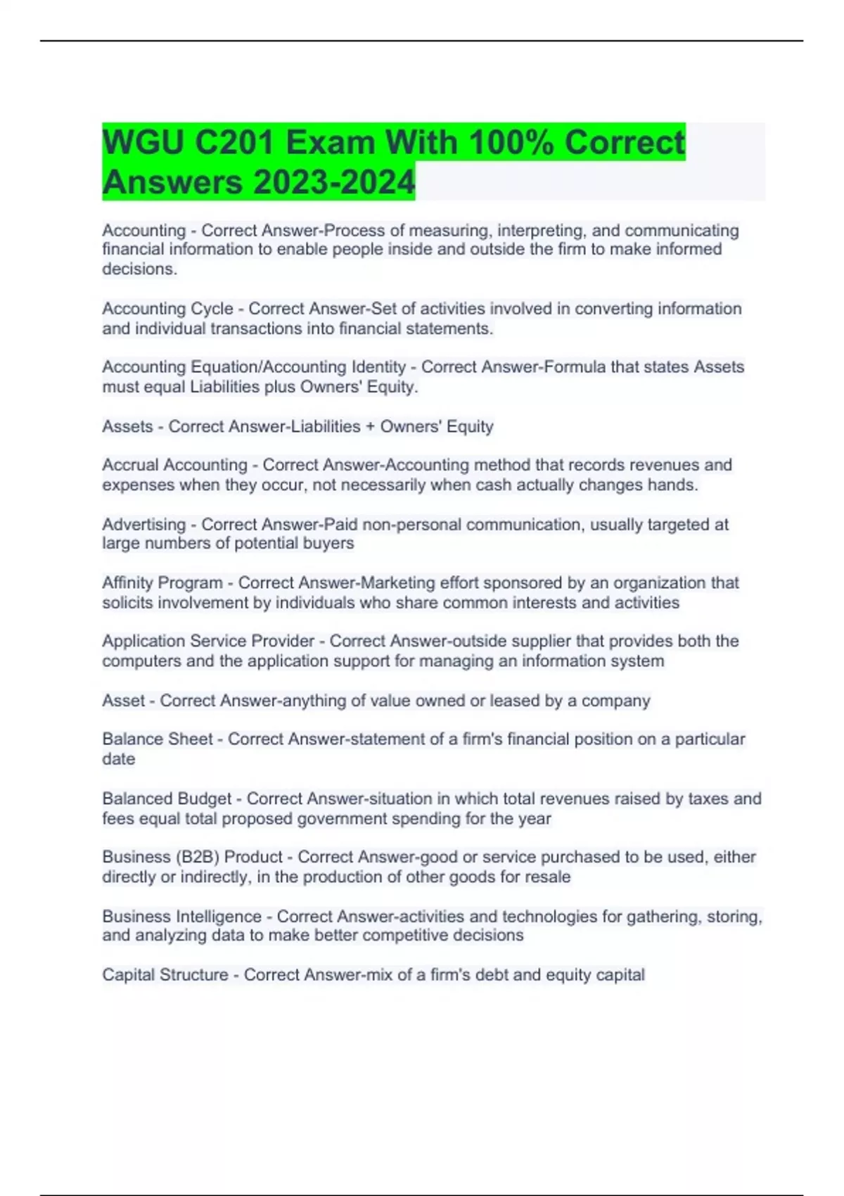 WGU C201 Exam With 100% Correct Answers - WGU C201 - Stuvia US