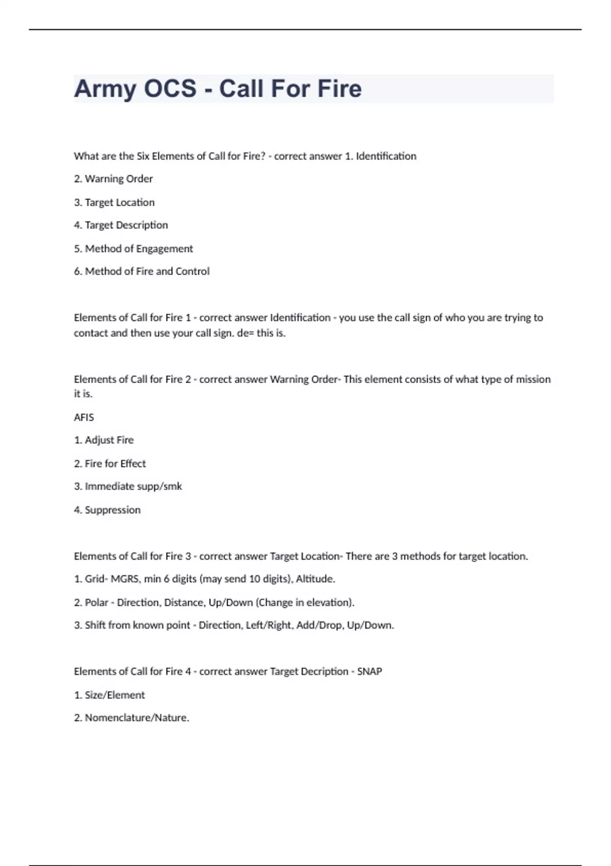 Army OCS - Call For Fire Questions with complete solution 2023/2024 ...