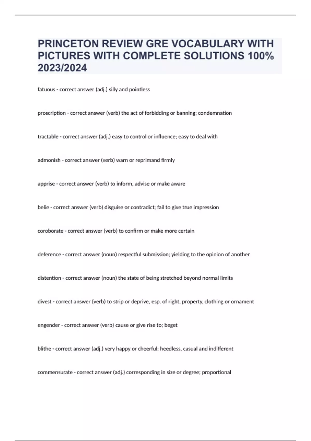 PRINCETON REVIEW GRE VOCABULARY WITH PICTURES WITH COMPLETE SOLUTIONS ...