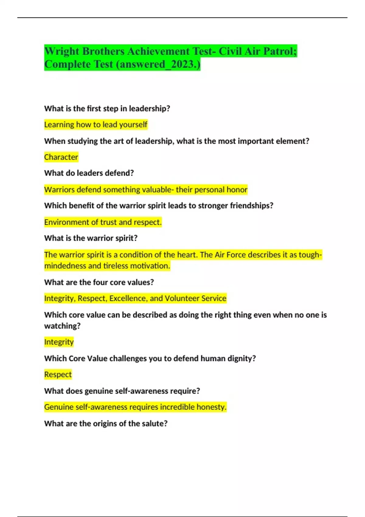 Wright Brothers Achievement Test- Civil Air Patrol; Complete Test ...