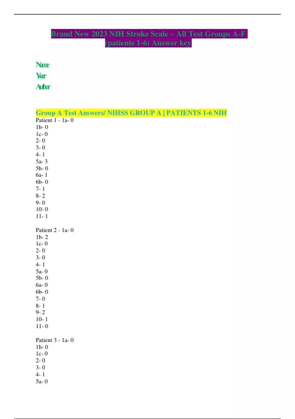 Brand New 2023 NIH Stroke Scale – All Test Groups A-F (patients 1-6 ...
