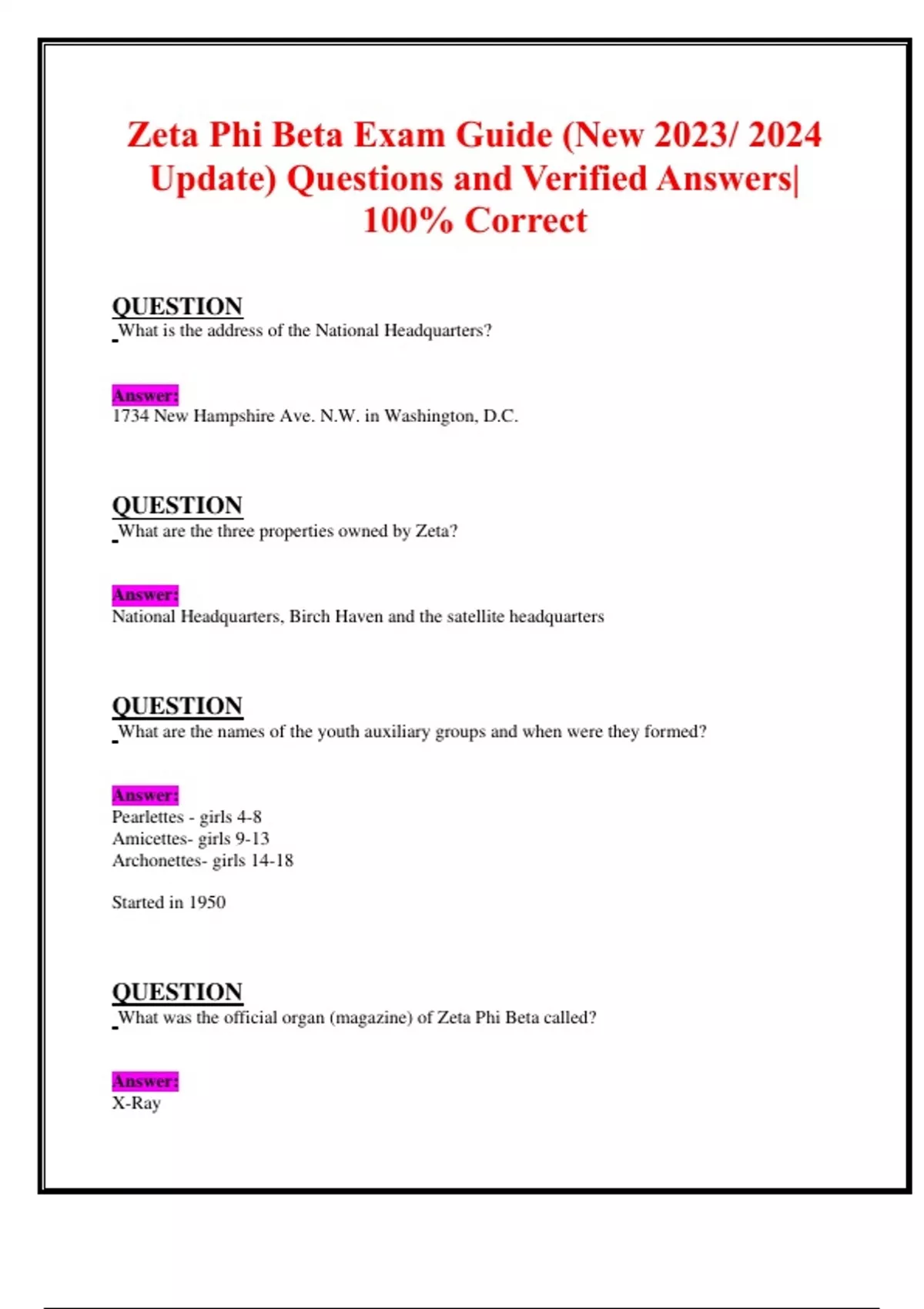 Zeta Phi Beta Exam Guide (New 2023/ 2024 Update) Questions and Verified ...