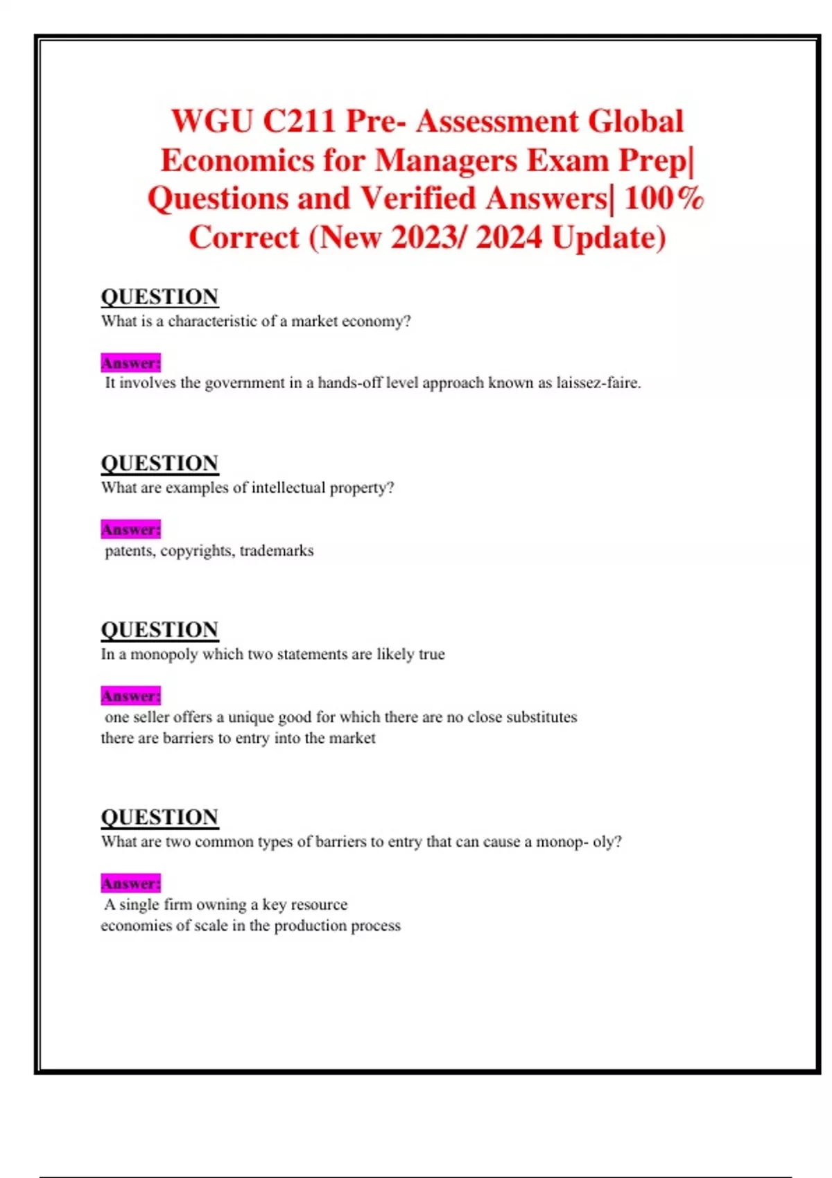WGU C211 Pre- Assessment Global Economics for Managers Exam Prep ...