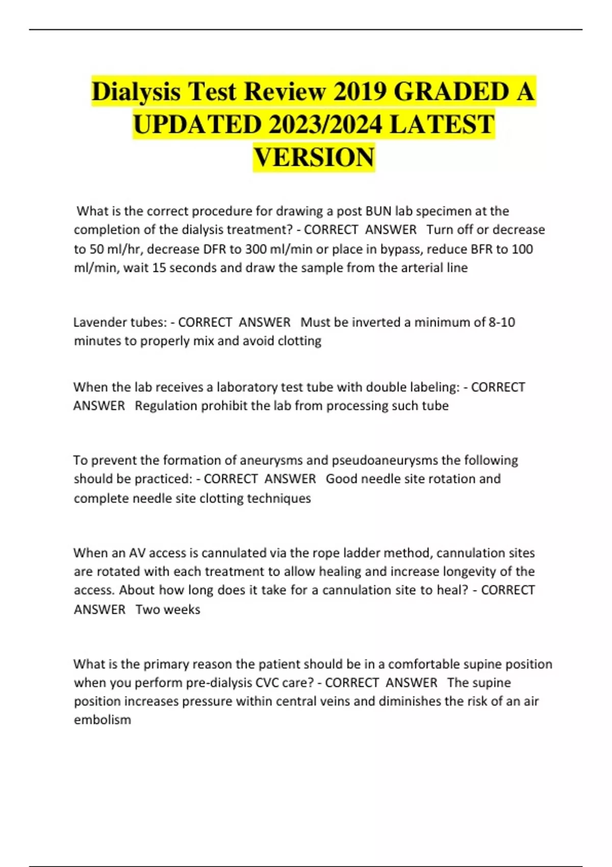 Dialysis Test Review 2019 GRADED A UPDATED 2023/2024 LATEST VERSION ...