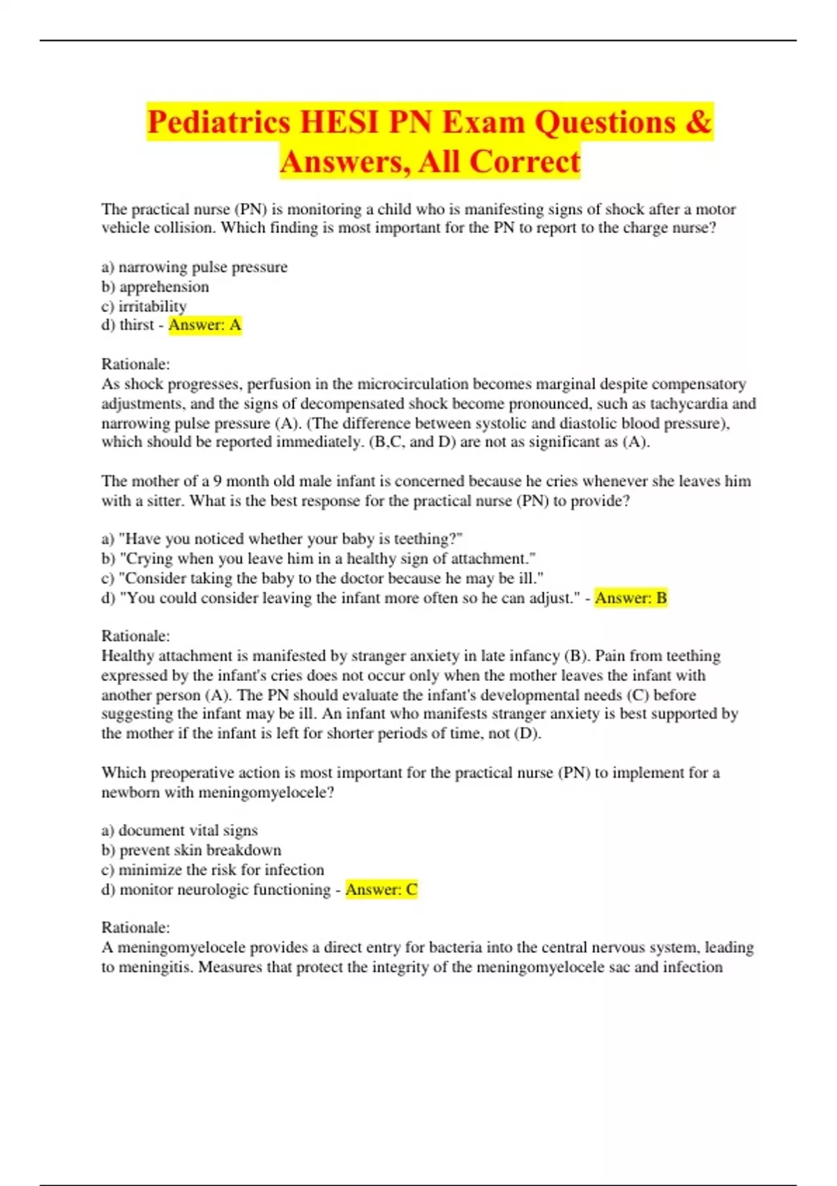 Pediatrics HESI PN Exam Questions & Answers 2023, All Correct ...