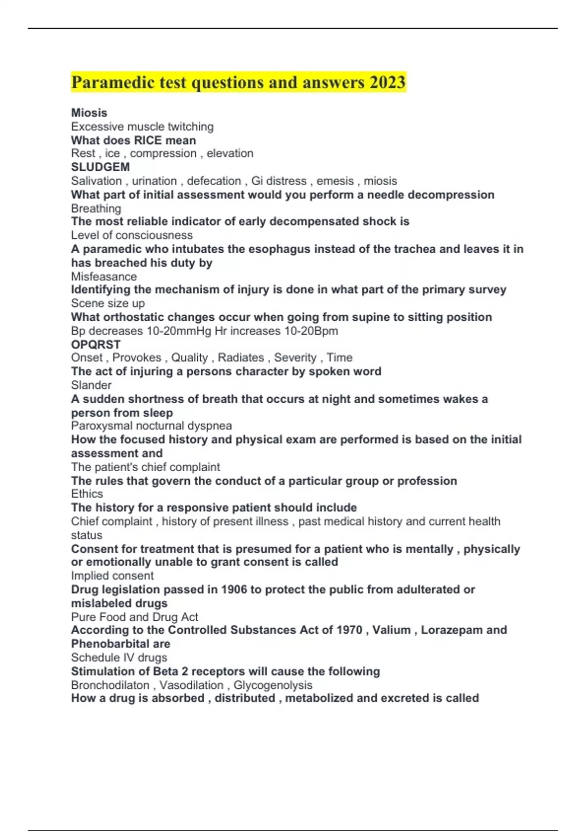 Paramedic test questions and answers 2023 - Paramedic , - Stuvia US