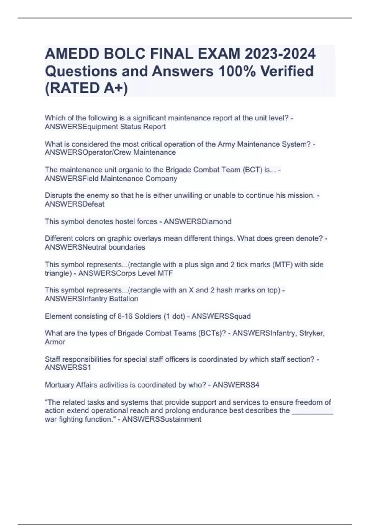 AMEDD BOLC FINAL EXAM Questions and Answers 100% Verified (RATED A+ ...