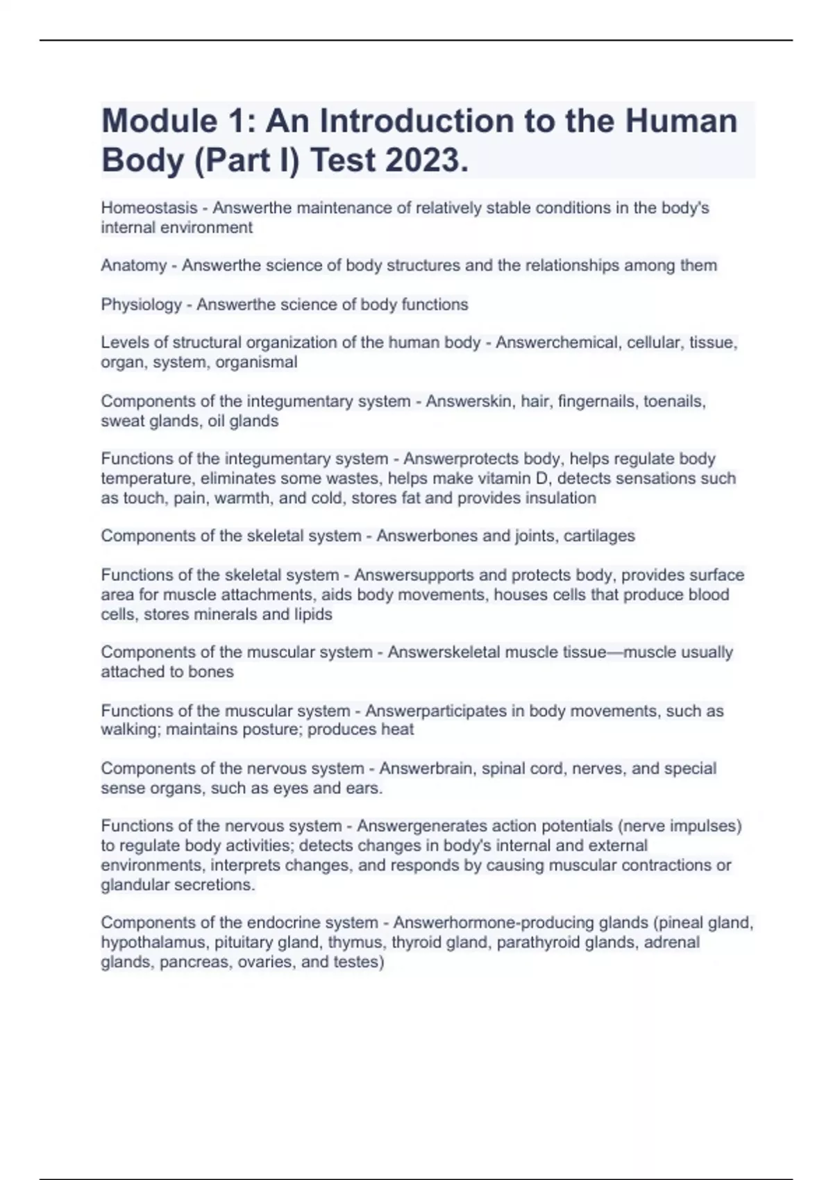 Module 1: An Introduction to the Human Body (Part I) Test 2023. - I ...