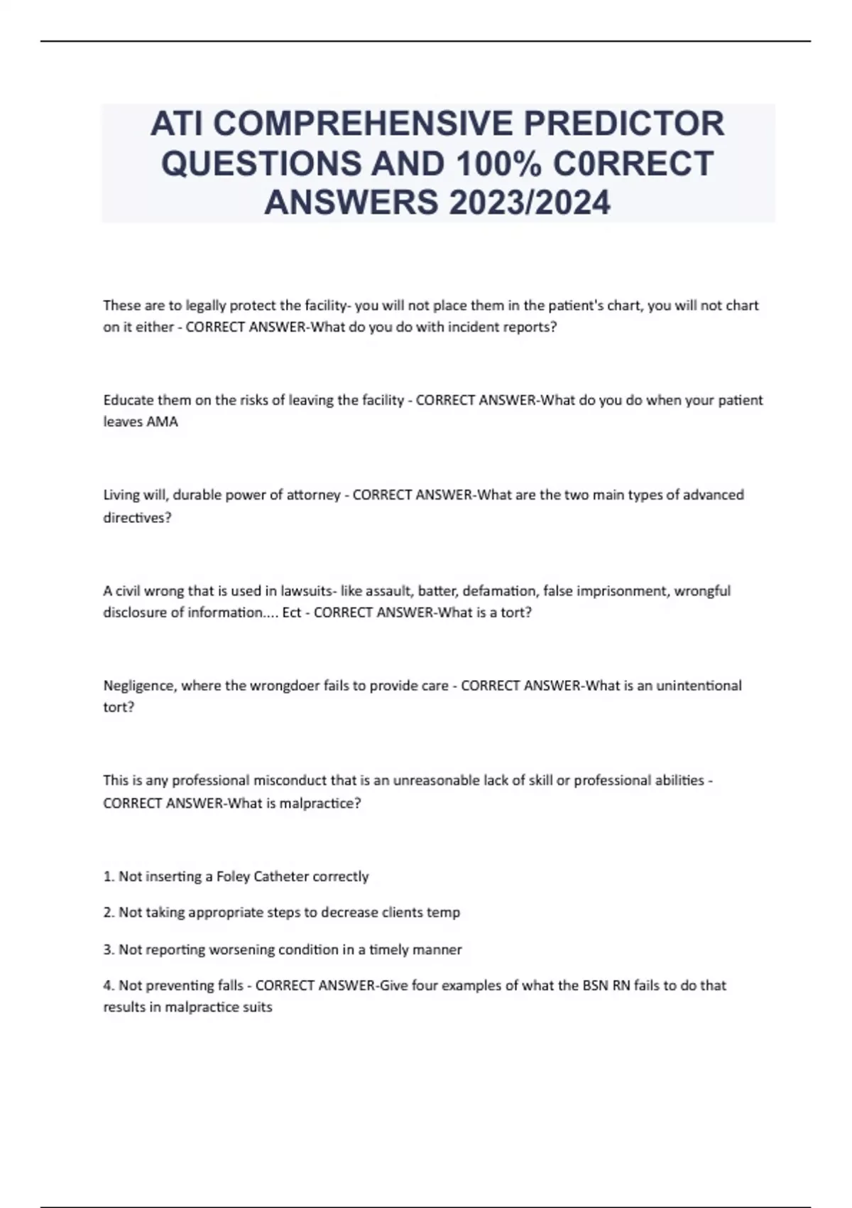 ATI COMPREHENSIVE PREDICTOR QUESTIONS AND 100% C0RRECT ANSWERS 2023/ ...