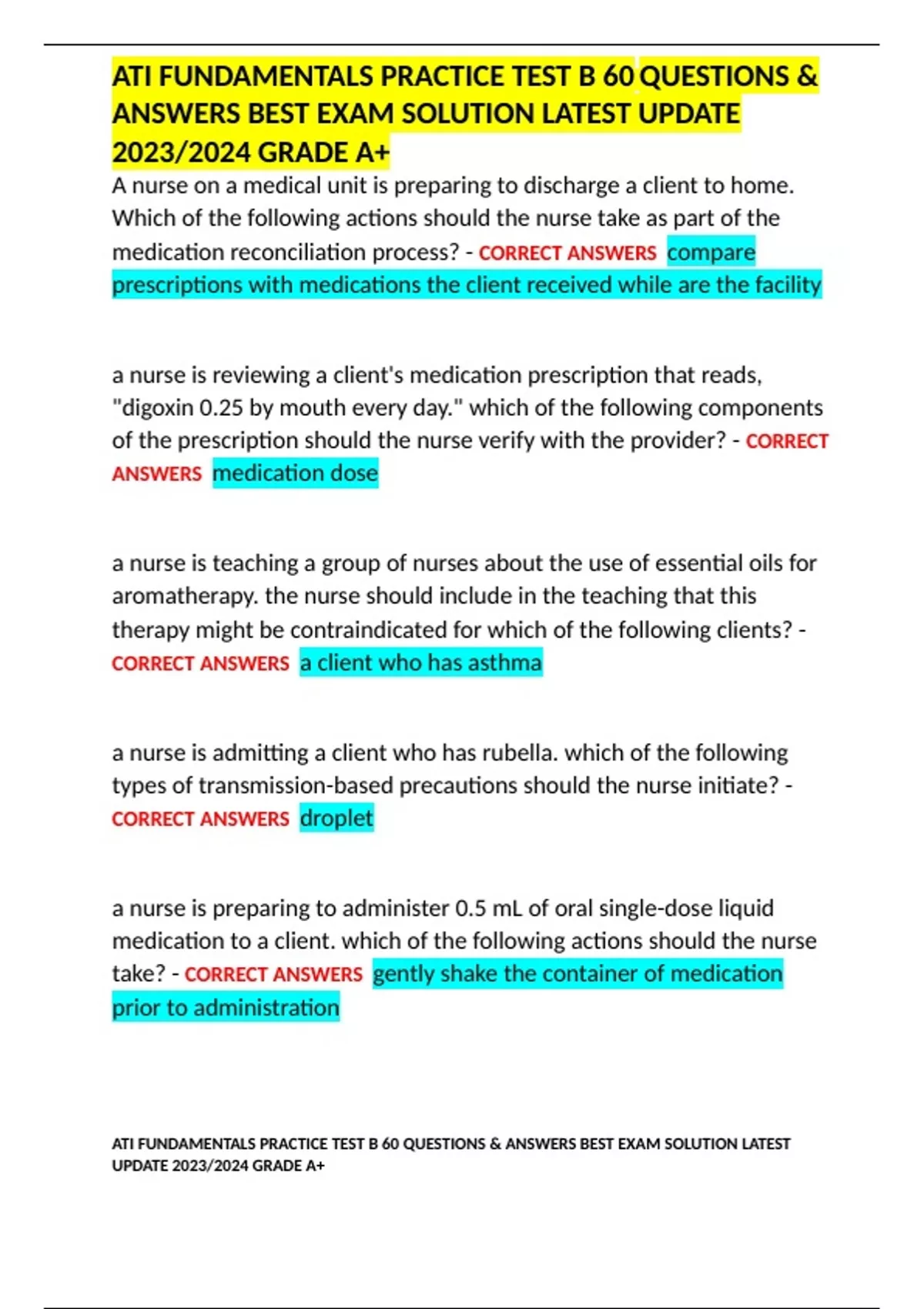 ATI FUNDAMENTALS PRACTICE TEST B 60 QUESTIONS & ANSWERS BEST EXAM ...
