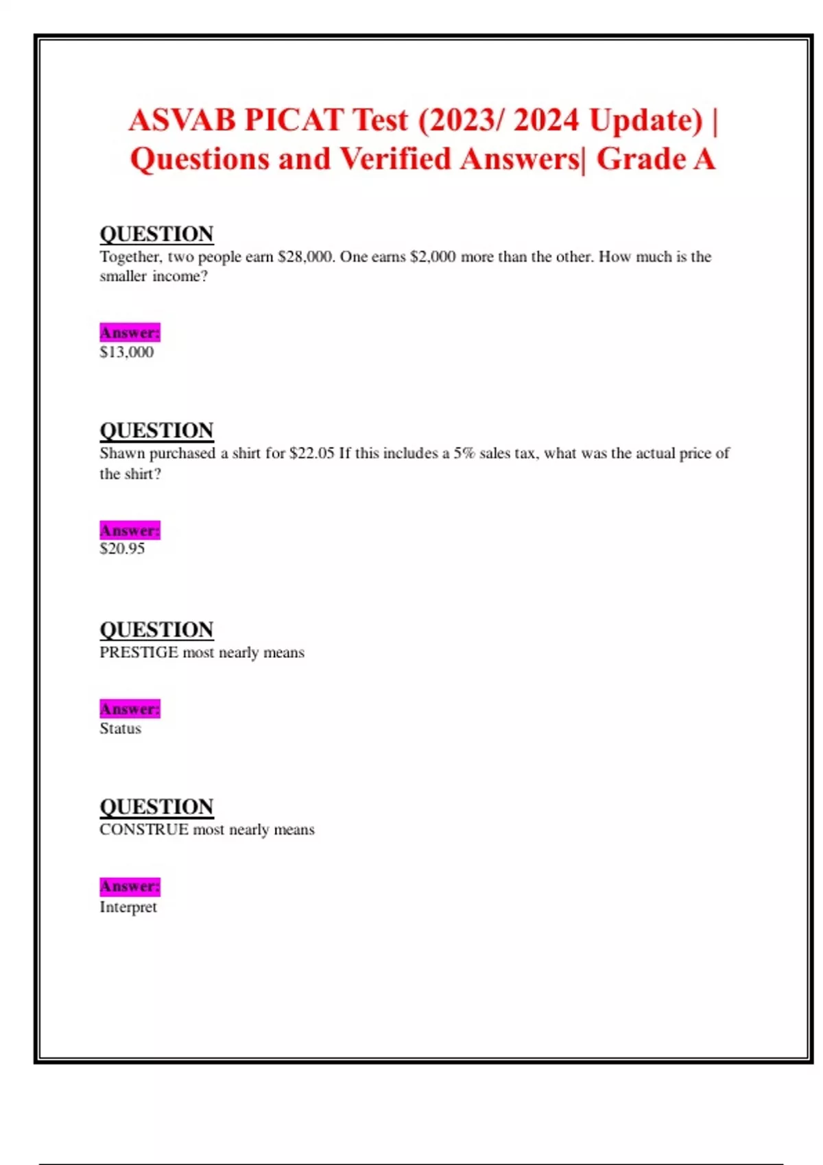 ASVAB PICAT Test (2023/ 2024 Update) | Questions and Verified Answers ...