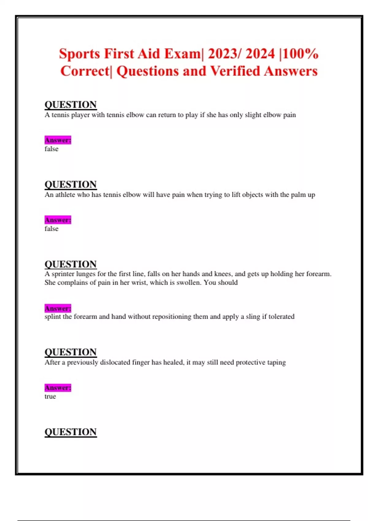 Sports First Aid Exam| 2023/ 2024 |100% Correct| Questions and Verified ...