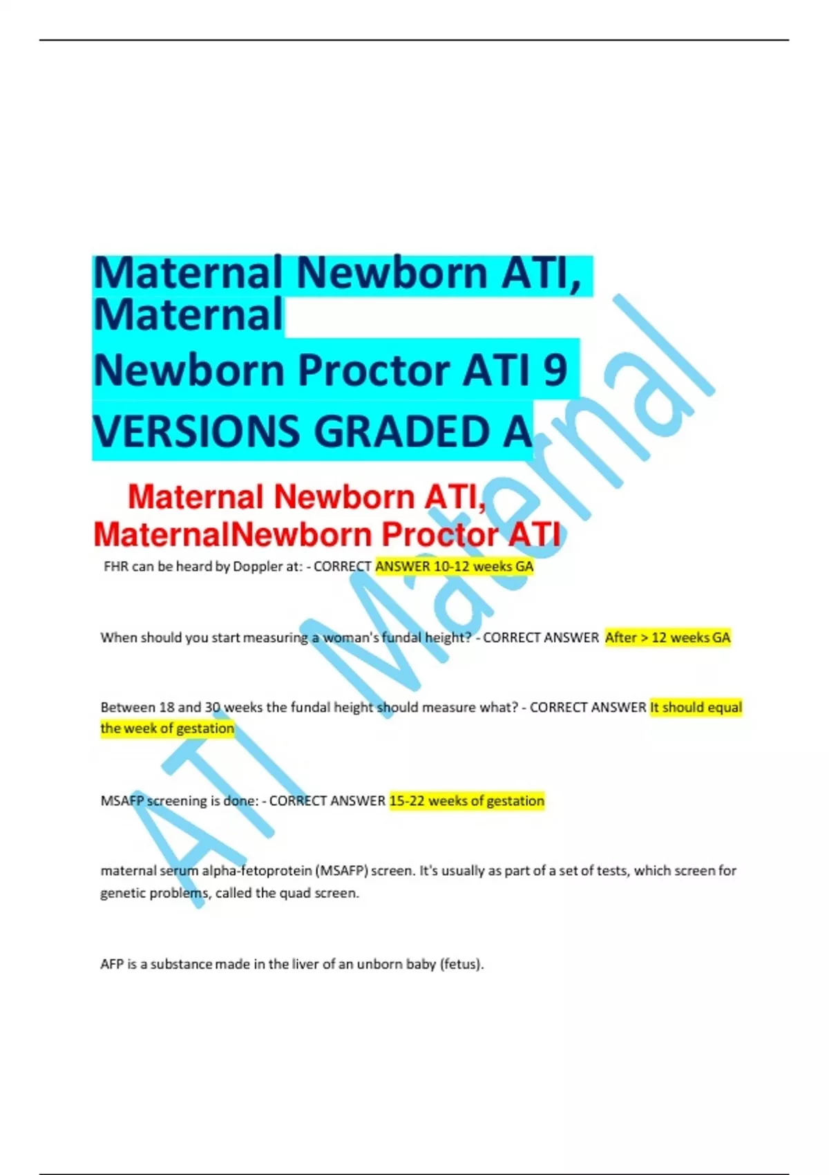 Maternal Newborn ATI, Maternal Newborn Proctor ATI 9 VERSIONS GRADED A ...