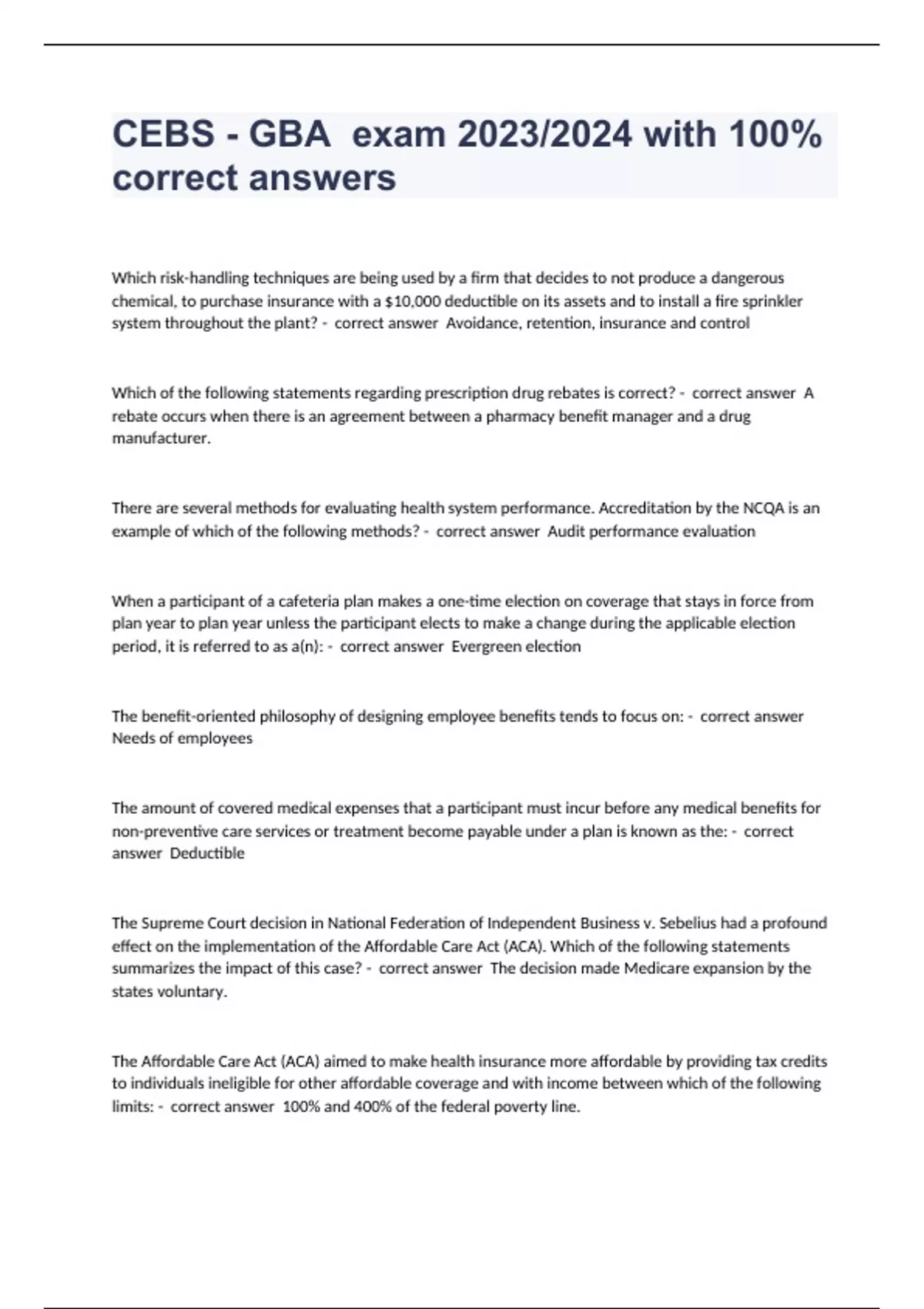 CEBS - GBA exam 2023/2024 with 100% correct answers - CEBS - GBA ...