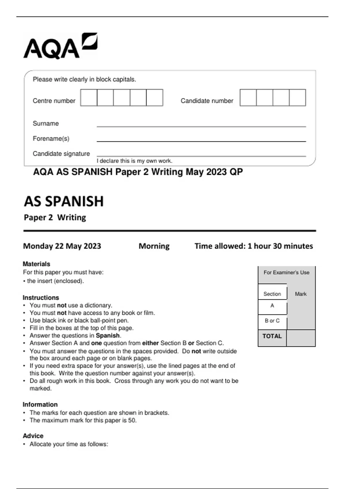 AQA AS SPANISH Paper 2 Writing May 2023 QP - AQA - Stuvia US