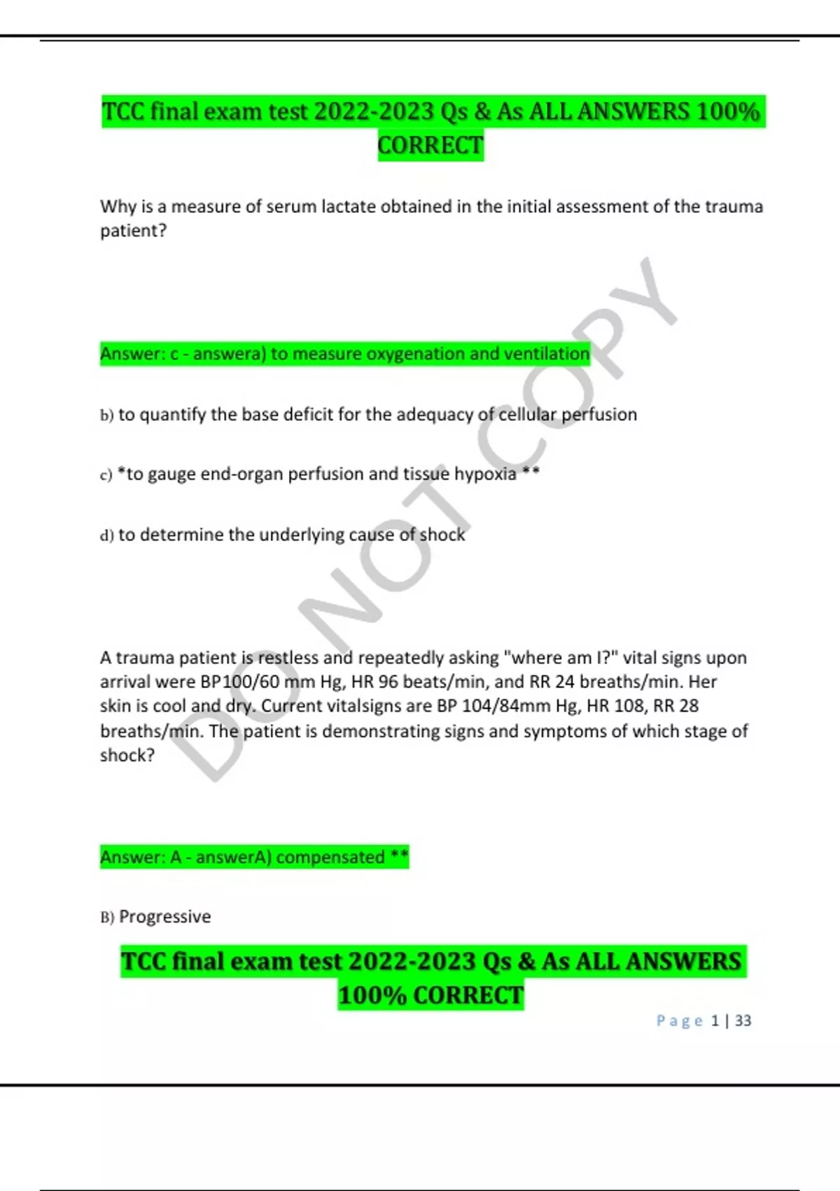 TCC final exam test Qs & As ALL ANSWERS 100% CORRECT - Advance nursing ...