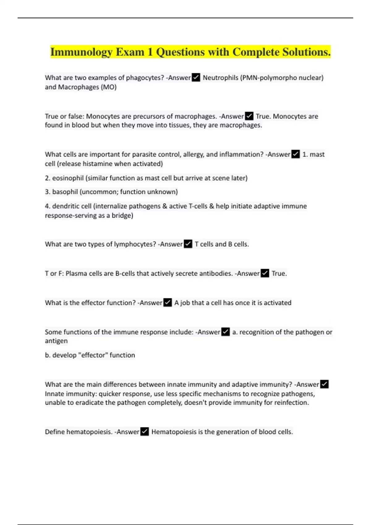 Immunology Exam 1 Questions with Complete Solutions 2023/2024 Update Graded A+ - Immunology 1 ...