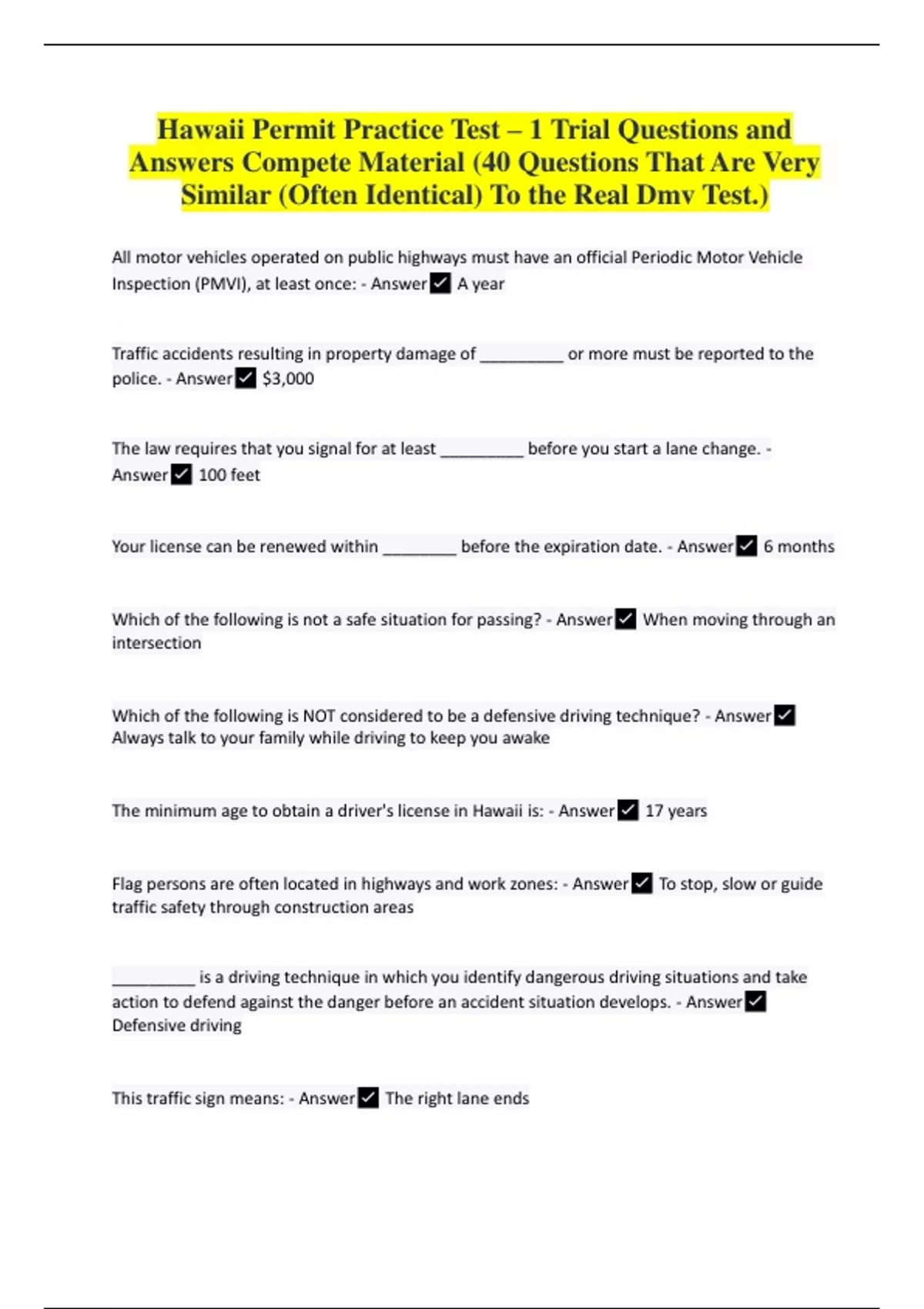 Hawaii Permit Practice Test – 1 Trial Questions and Answers | Complete ...