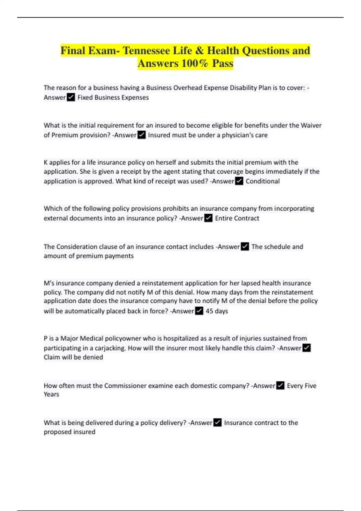 Tennessee Life and Health Insurance BUNDLED Exams with Complete ...