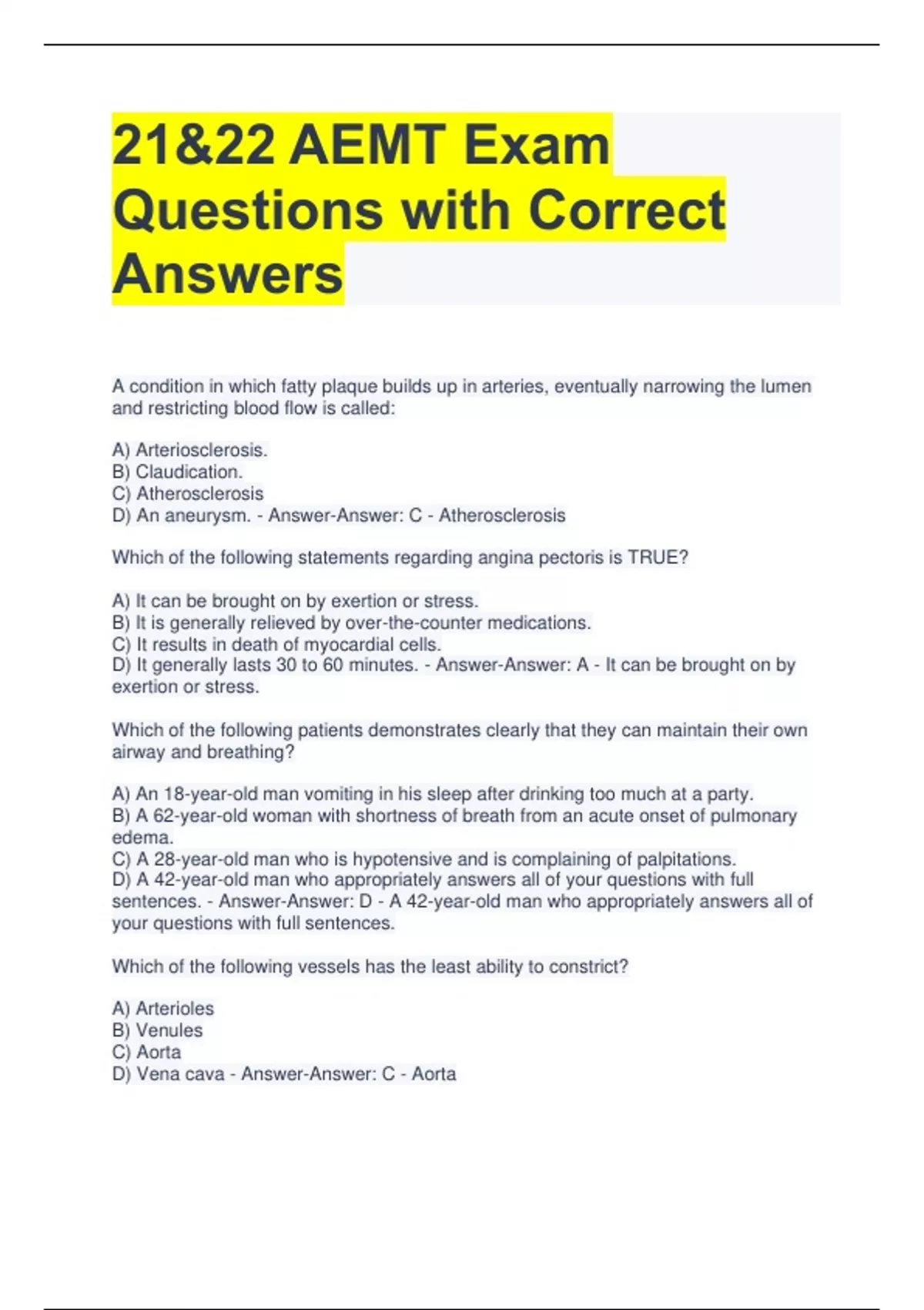 21&22 AEMT Exam Questions with Correct Answers - 21&22 AEMT - Stuvia US