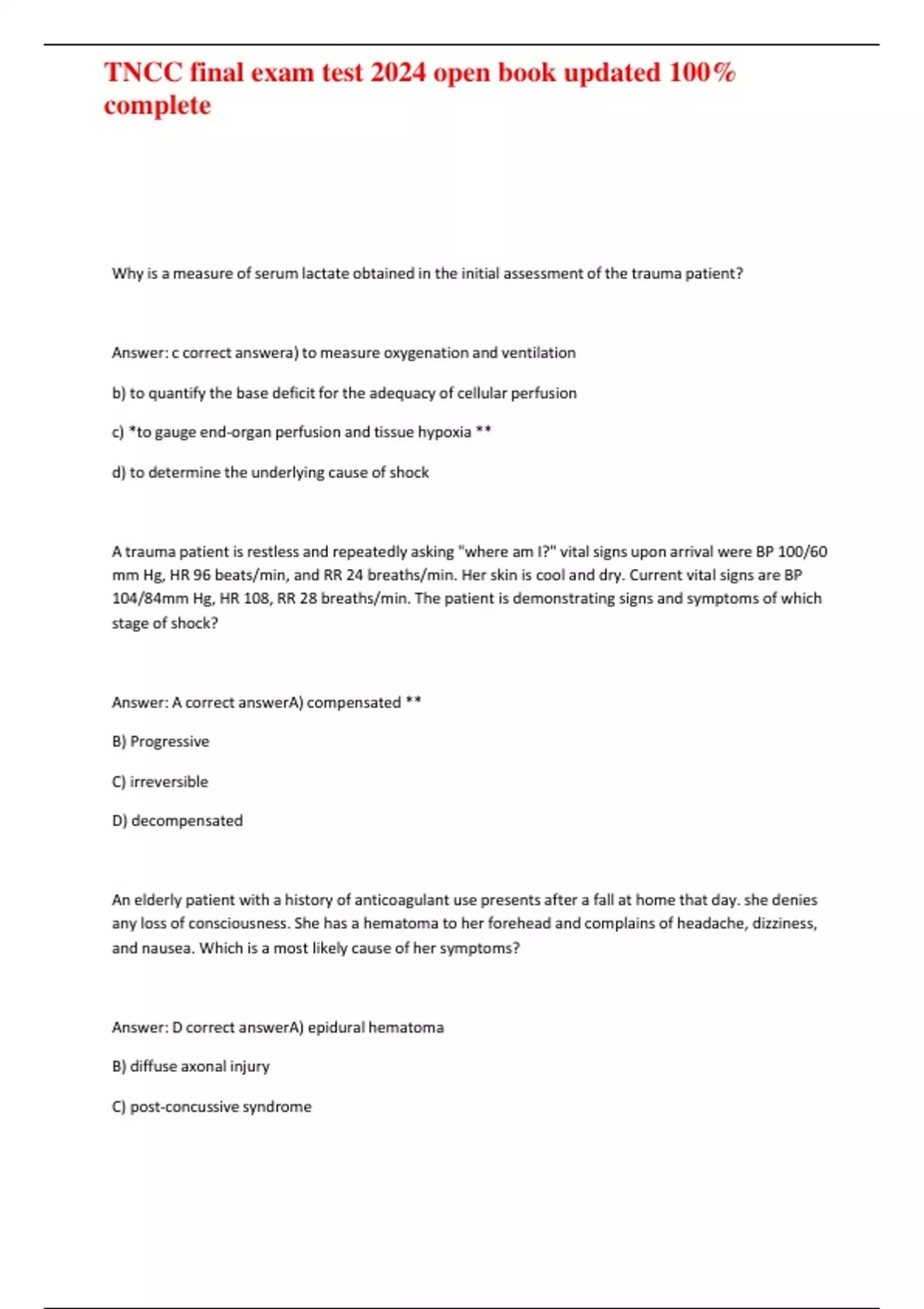 TNCC final exam test 2024 open book updated 100% complete - TNCC ...