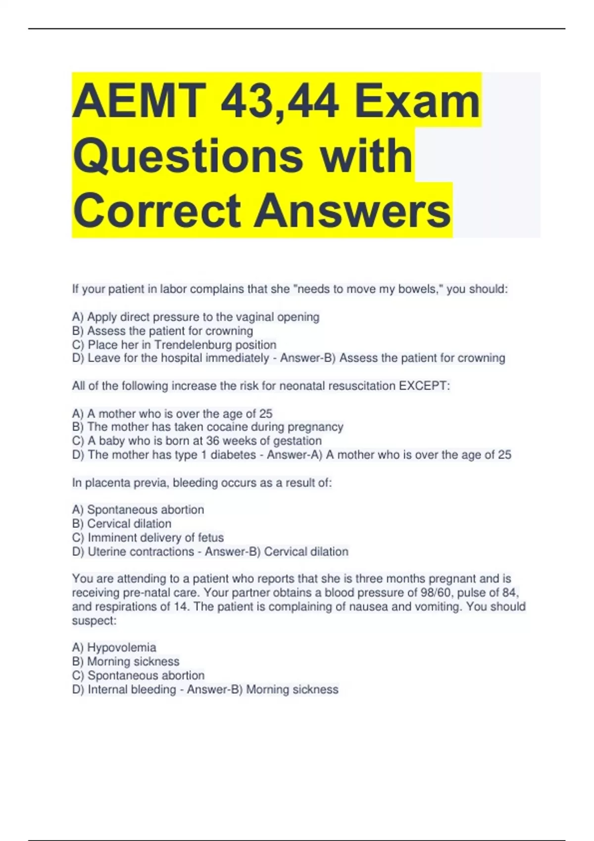 AEMT 43,44 Exam Questions with Correct Answers - AEMT - Stuvia US