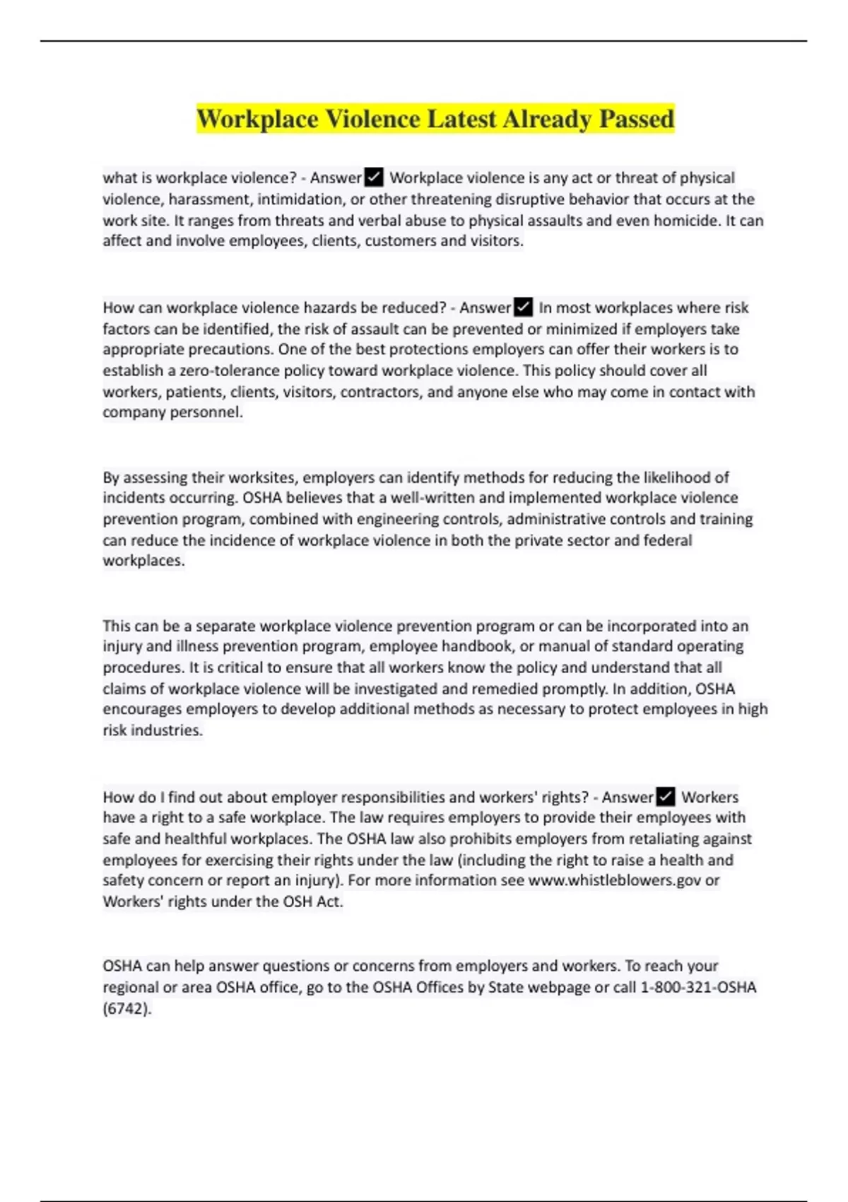 Workplace Violence Questions with Correct Answers Latest Already Passed ...