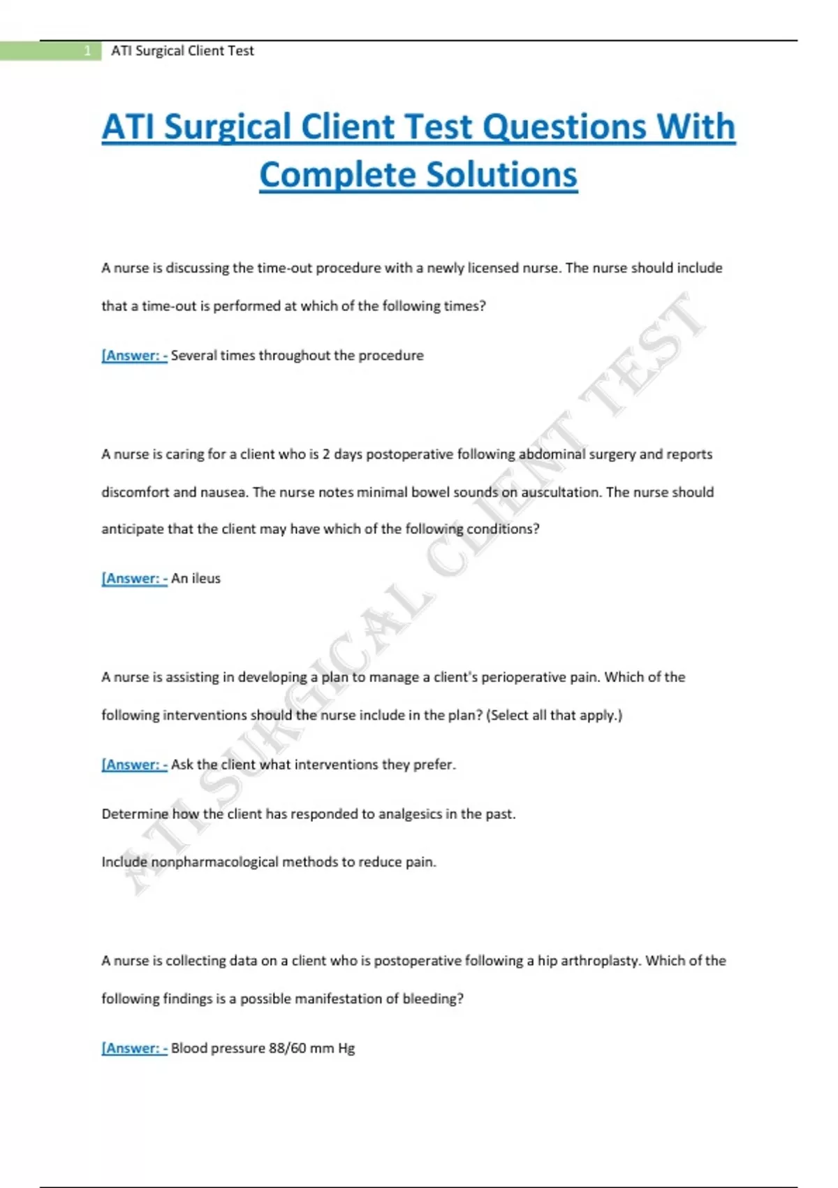 ATI Surgical Client Test Questions With Complete Solutions - ATI ...