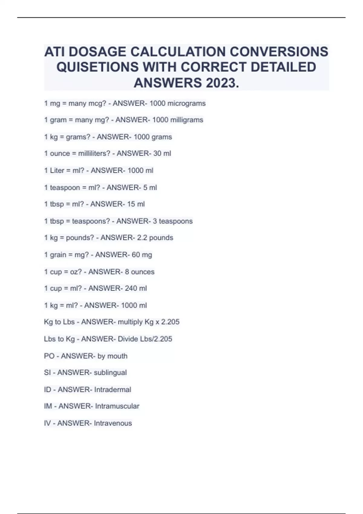 ATI DOSAGE CALCULATION CONVERSIONS QUISETIONS WITH CORRECT DETAILED ...